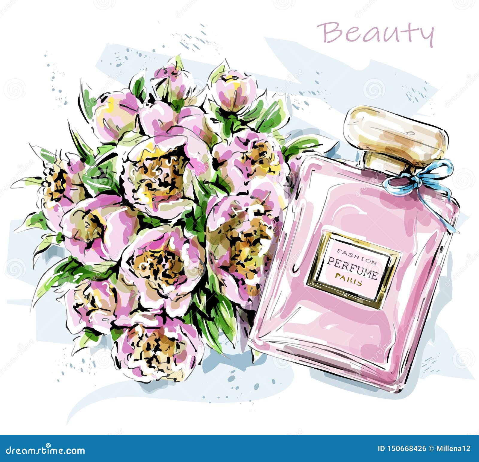 Hand Drawn Cute Set with Flowers and Perfume Bottle. Sketch Stock ...