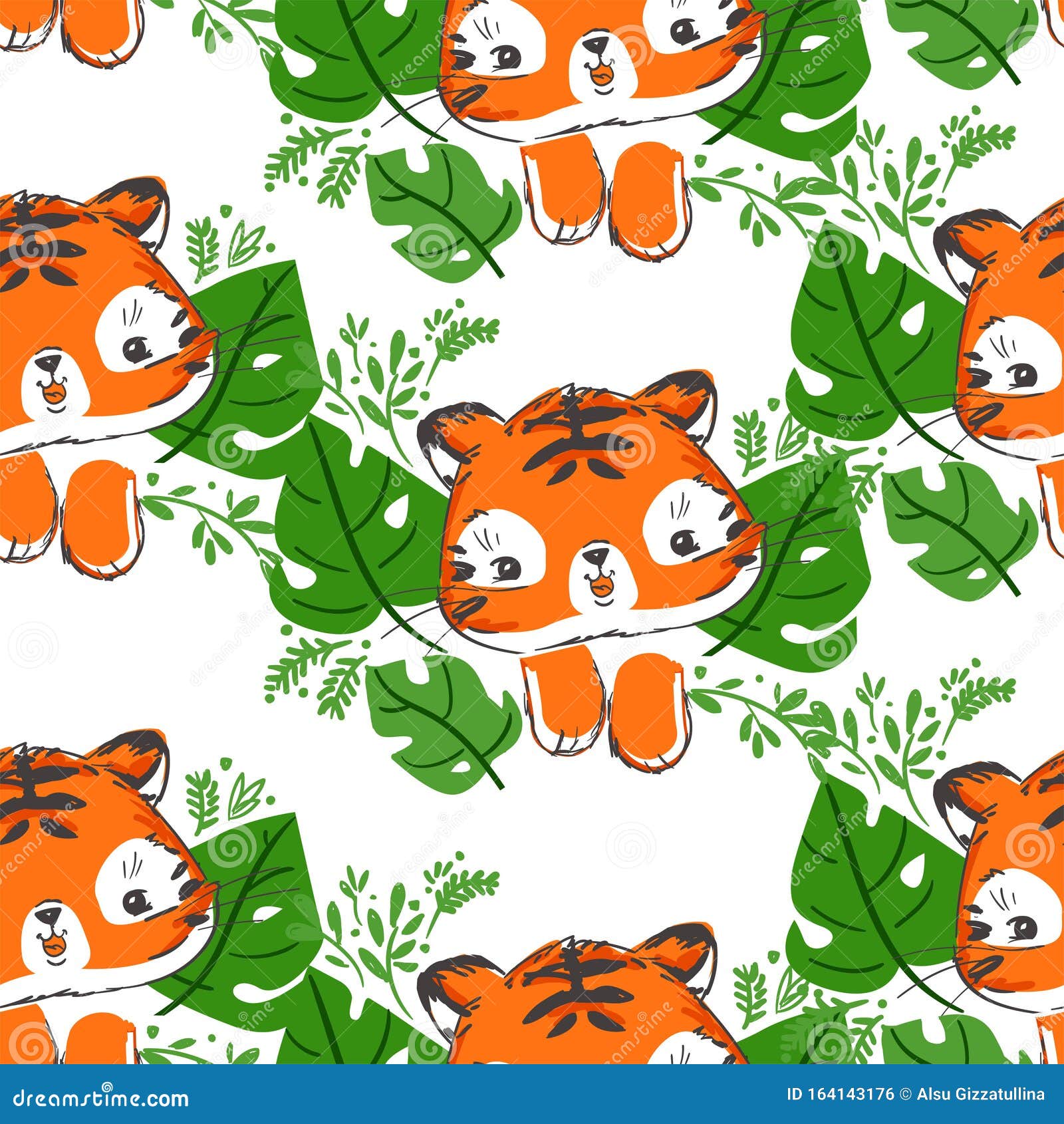 Hand Drawn Cute Tiger and Green Leaves Pattern Seamless. Vector ...