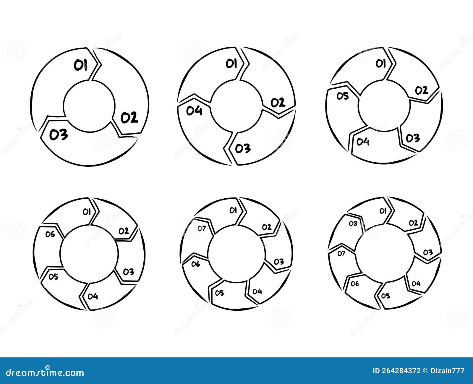 Hand Drawn Cycle Diagram Charts, Set of 3, 4, 5, 6, 7, 8 Options Steps ...
