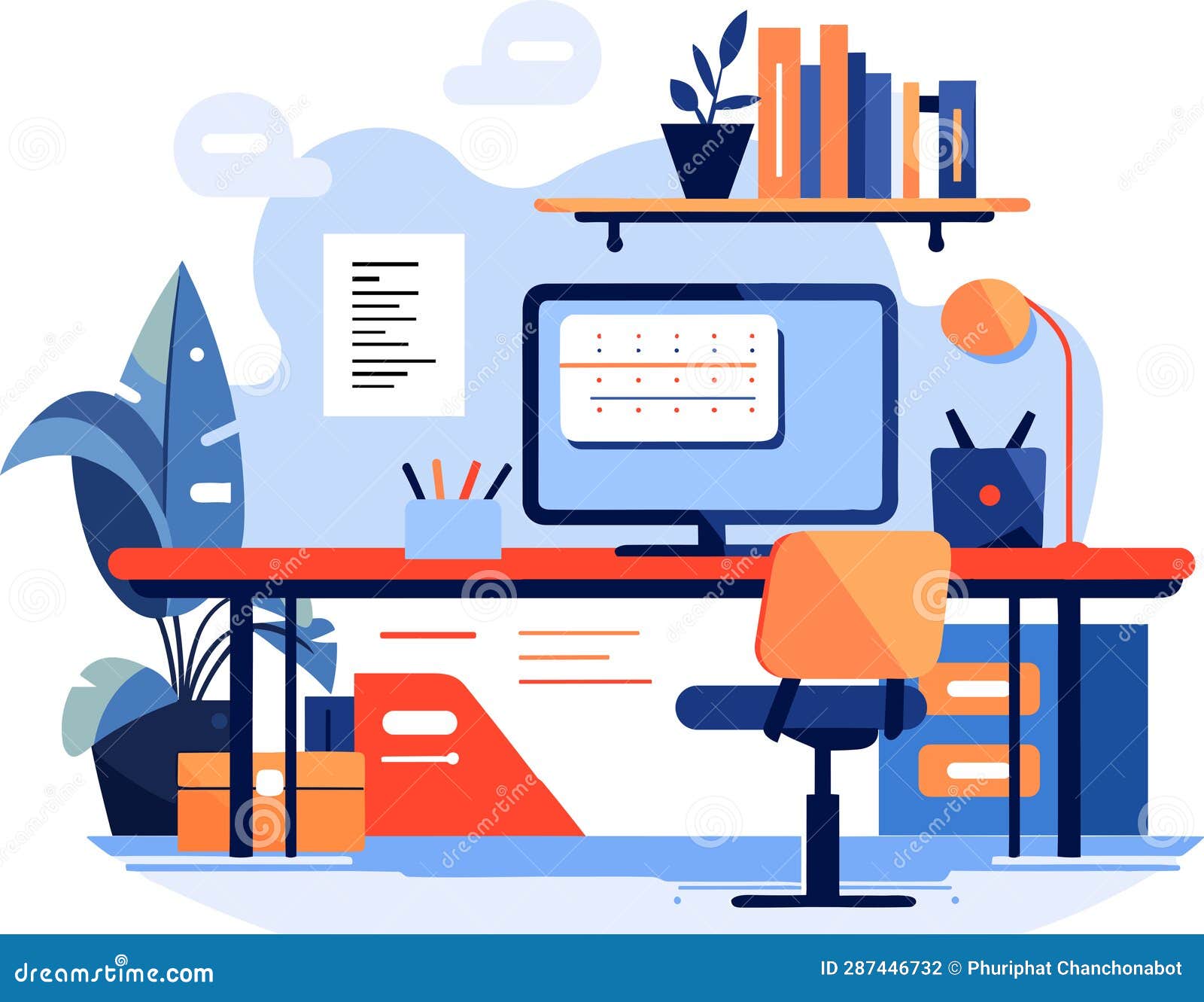 Hand Drawn Desk in the Office is Organized in Order in Flat Style ...