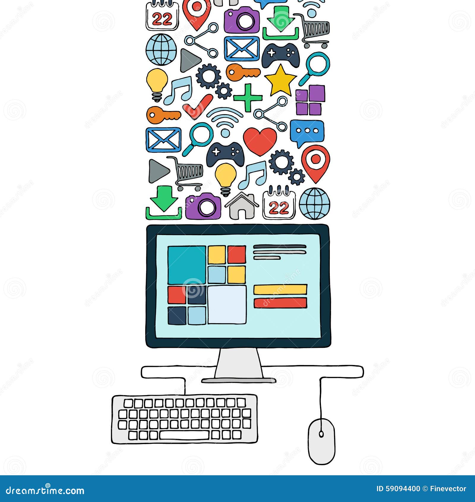 Hand Drawn Desktop Computer with Color Web Icons. Stock Vector ...