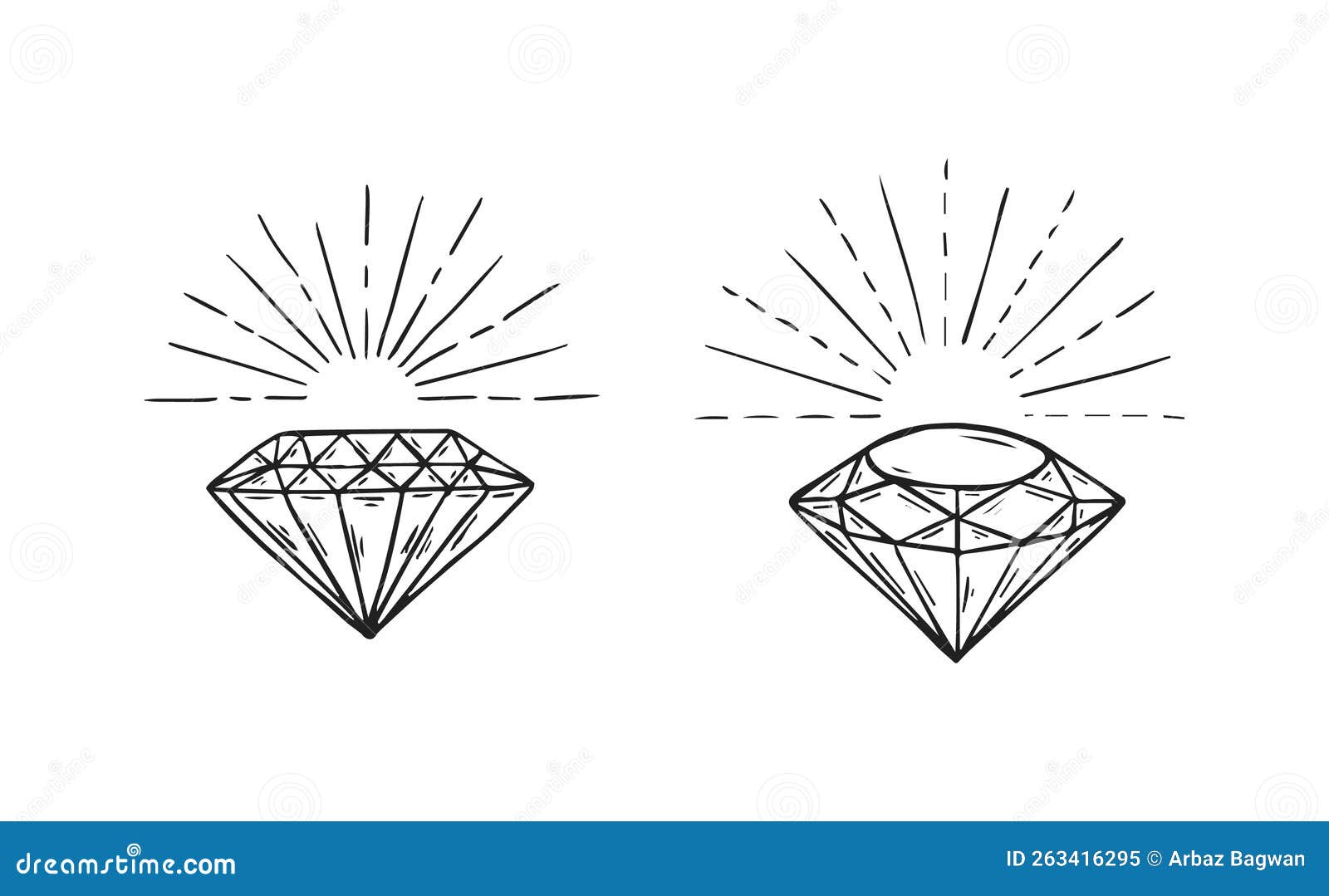 Hand Drawn Diamond Shining Line Art Side View and Front View Stock ...