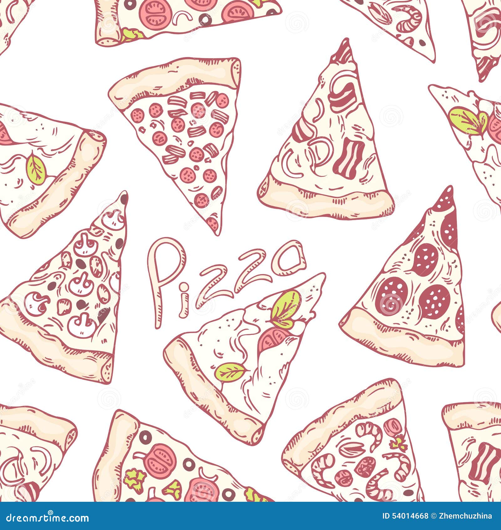 Hand Drawn Different Pizza Slices Seamless Pattern. Pizzeria Background ... Hand Drawn Different Pizza Slices Seamless Pattern. Pizzeria Background ...