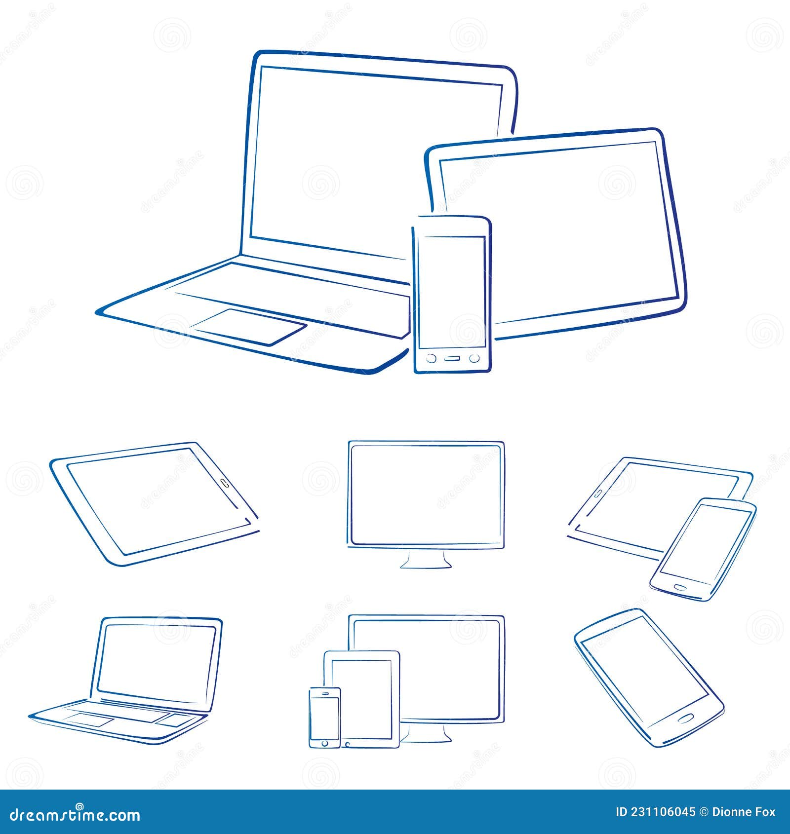 Hand Drawn Digital Devices in Blue and White Stock Illustration ...