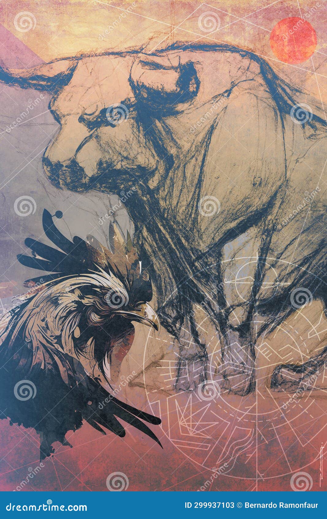 Bull and Rooster Digital Illustration Stock Illustration - Illustration ...
