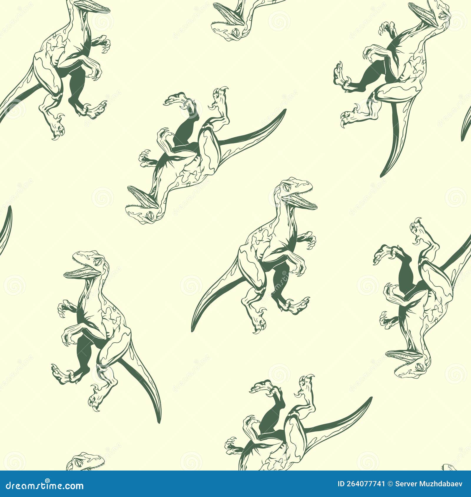 Hand Drawn Dinosaur Raptor Seamless Pattern. Vector Clipart Stock ...