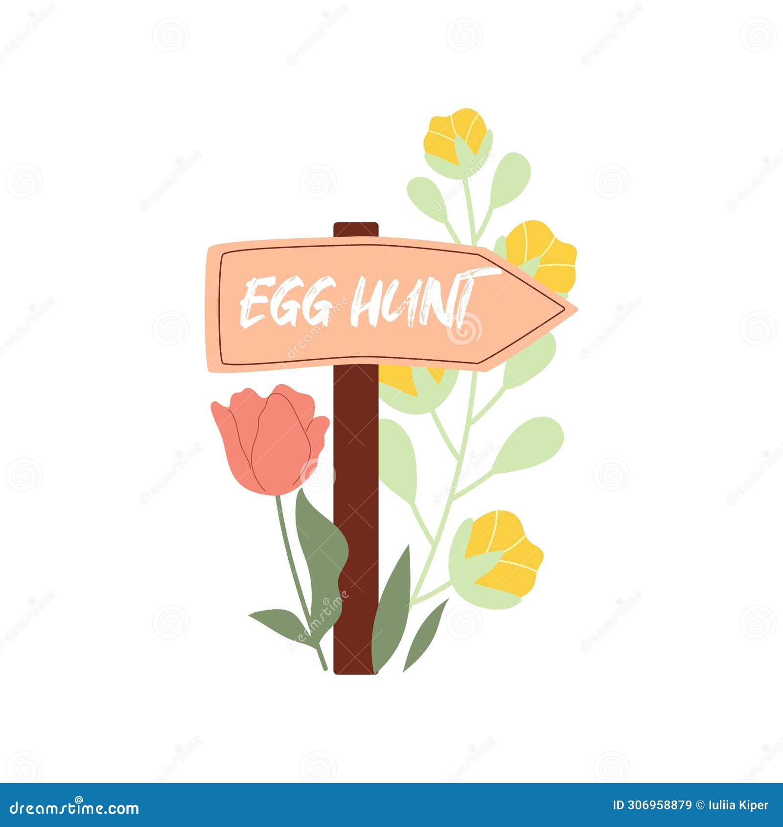 Hand Drawn Direction Sign Egg Hunt with Tulips and Spring Flowers ...