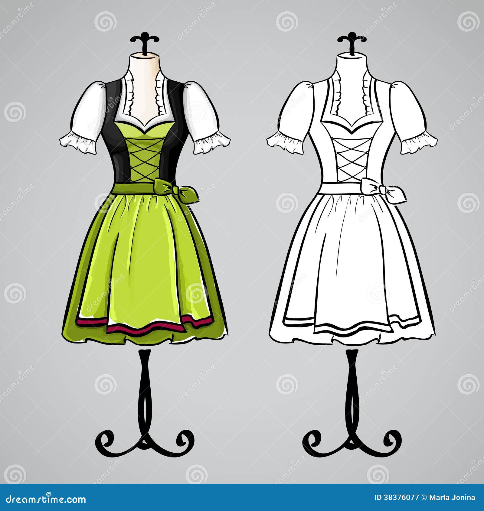 Hand Drawn Dirndl Dress on Mannequin. Stock Vector - Illustration of ...