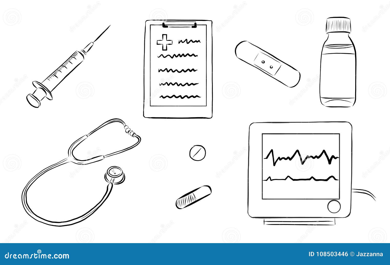 Hand drawn doctor tool set stock vector. Illustration of sketch - 108503446
