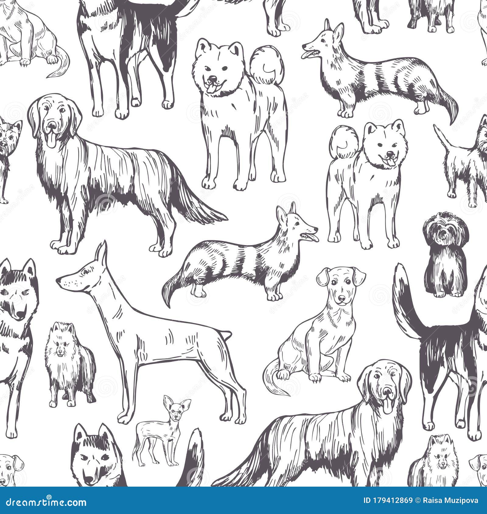 Hand Drawn Dogs. Vector Seamless Pattern Stock Vector - Illustration of ...