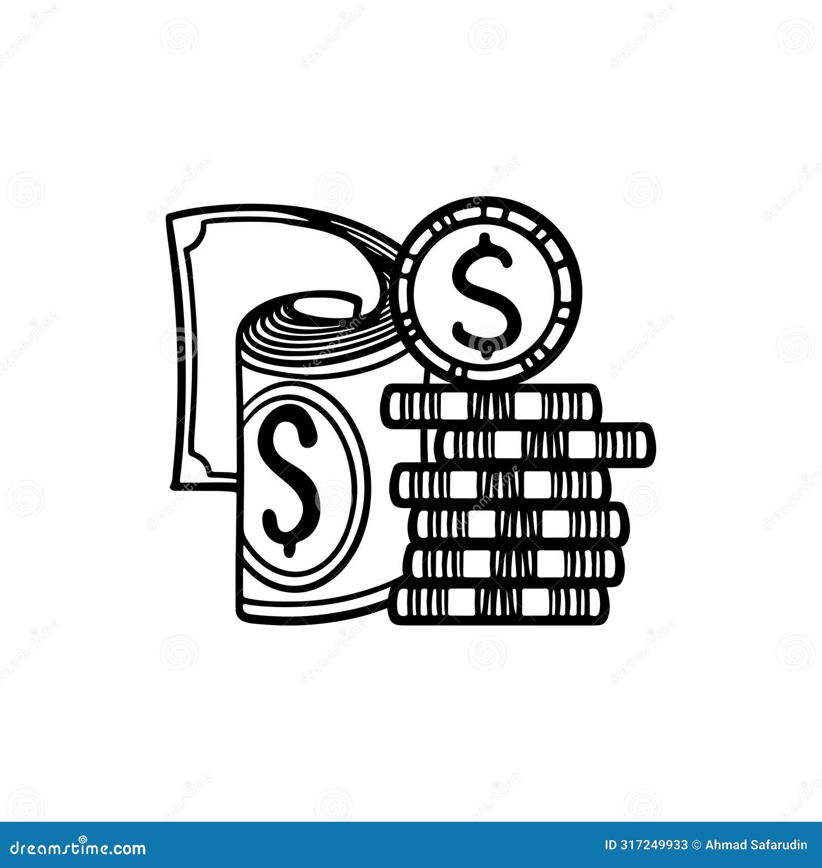 Hand Drawn of Dollar Coins and Dollar Paper Stock Vector - Illustration ...