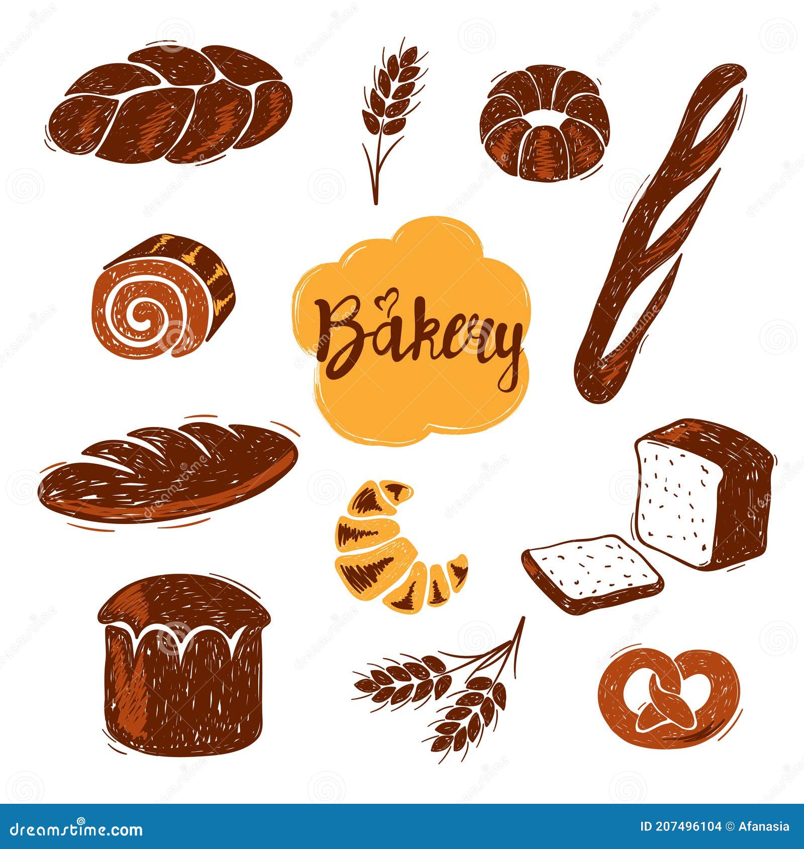 Hand Drawn Doodle Bakery Set. Different Kinds of Bread Stock Vector ...