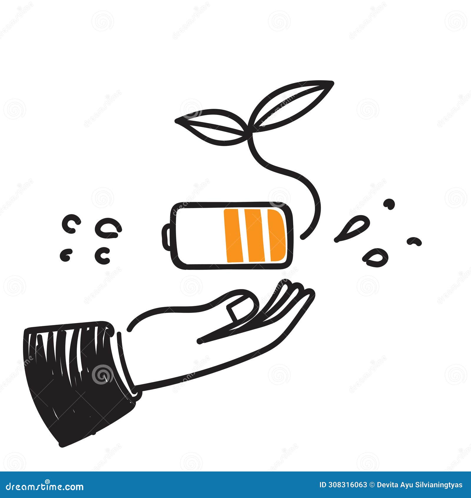 Hand Drawn Doodle Battery with Plant Tree Leaf Illustration Vector ...