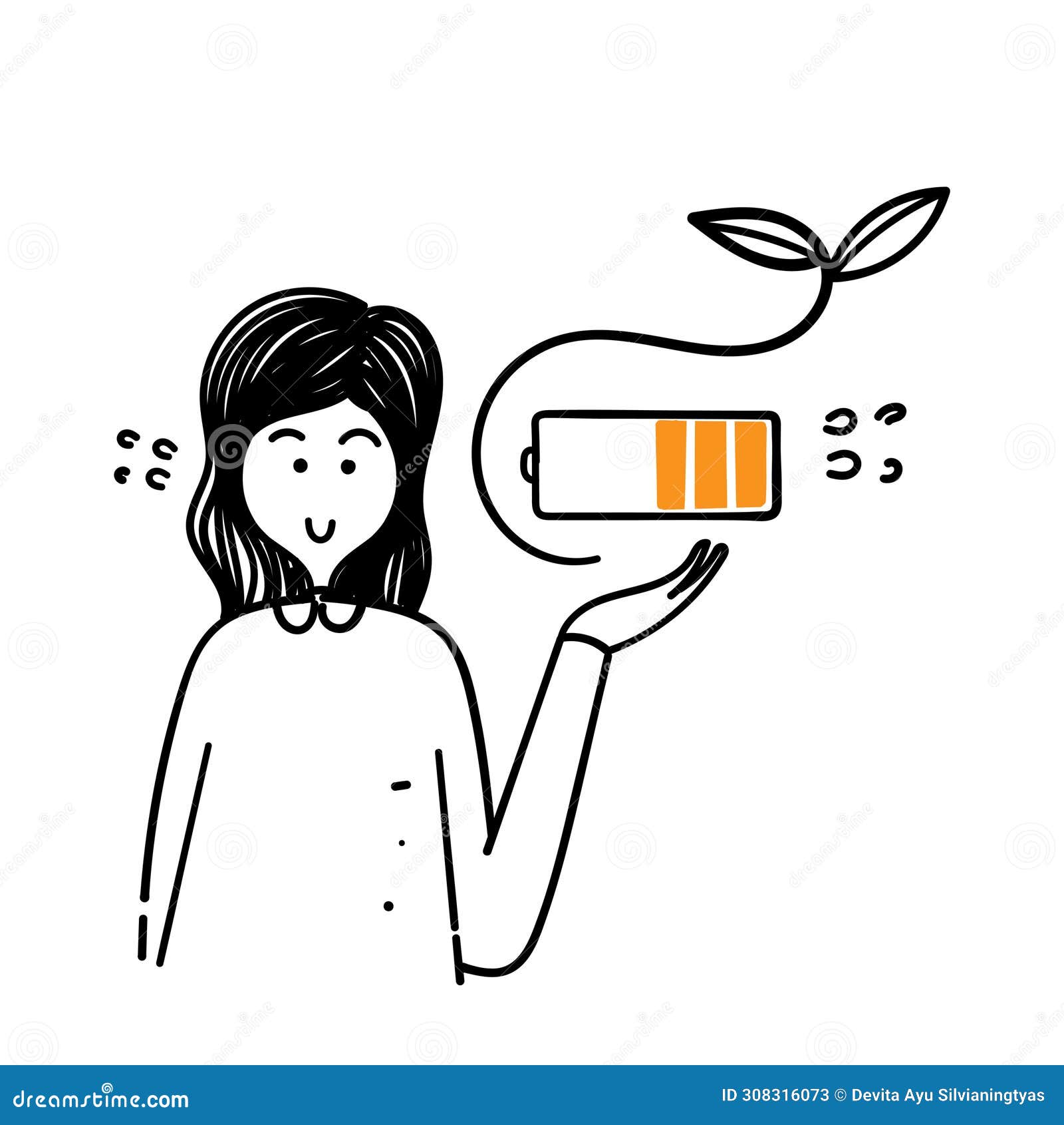 Hand Drawn Doodle Battery with Plant Tree Leaf Illustration Vector ...