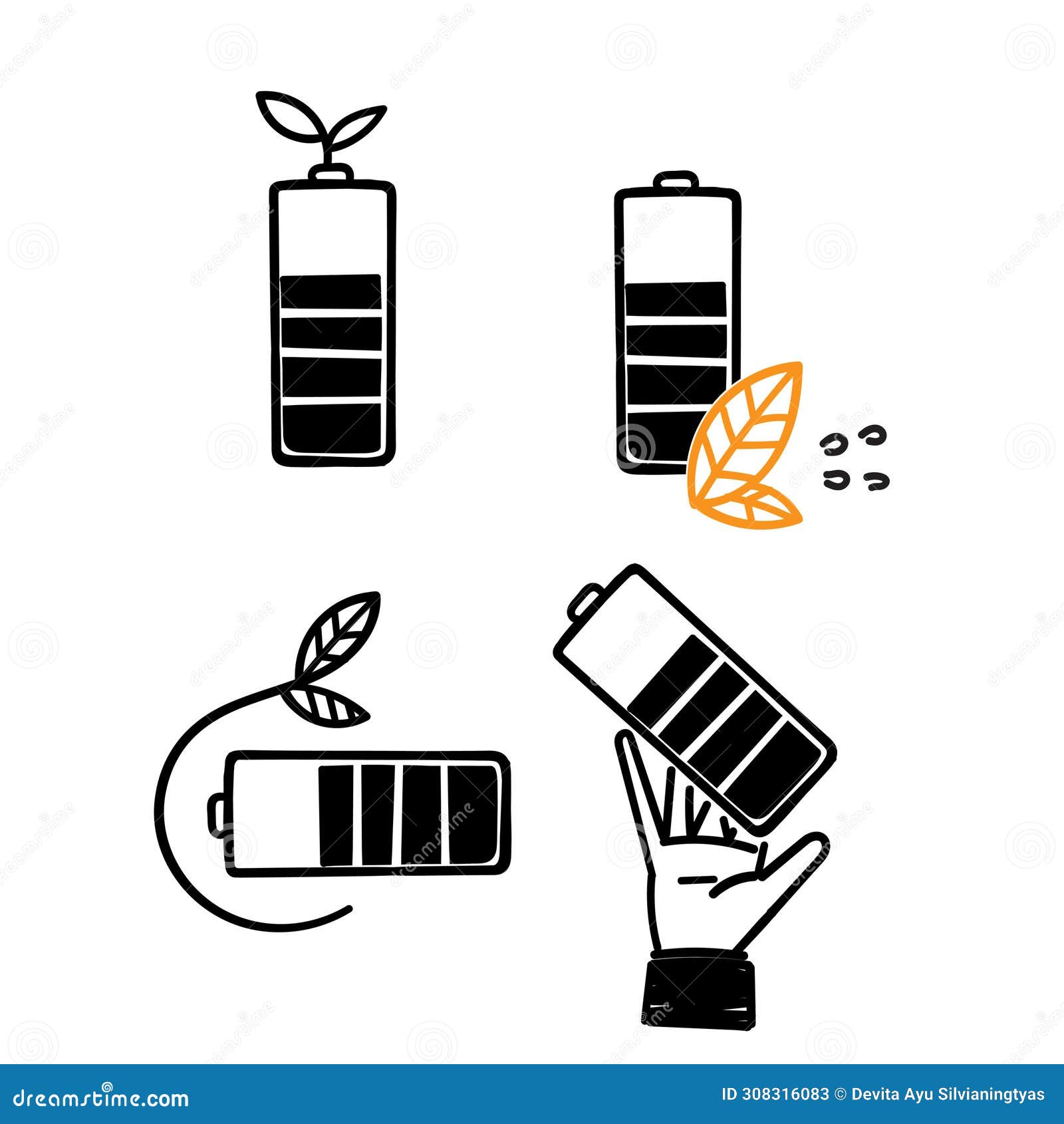 Hand Drawn Doodle Battery with Plant Tree Leaf Illustration Vector ...