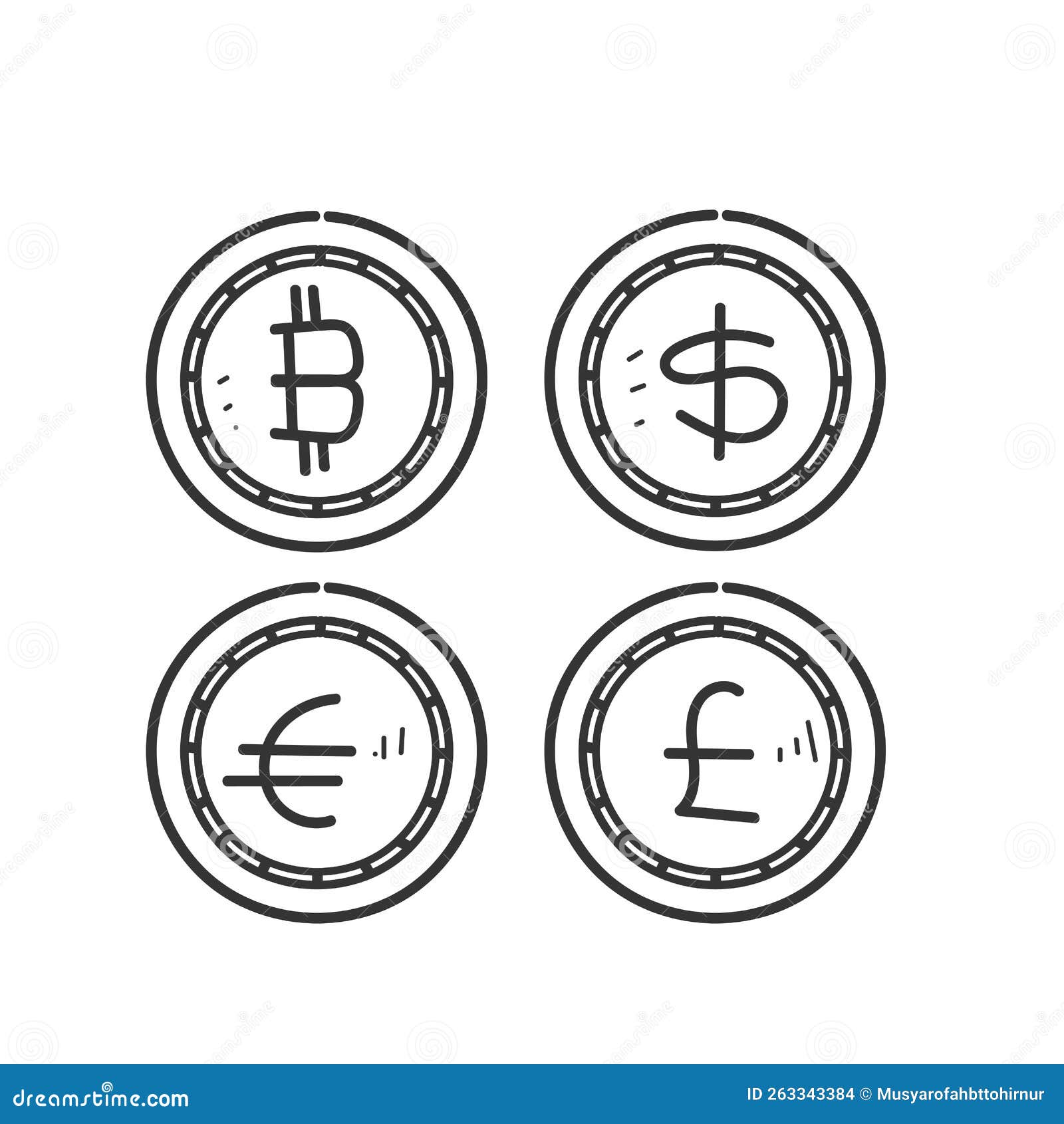 Hand Drawn Doodle Bitcoin and Money Coin Currency Illustration Vector ...
