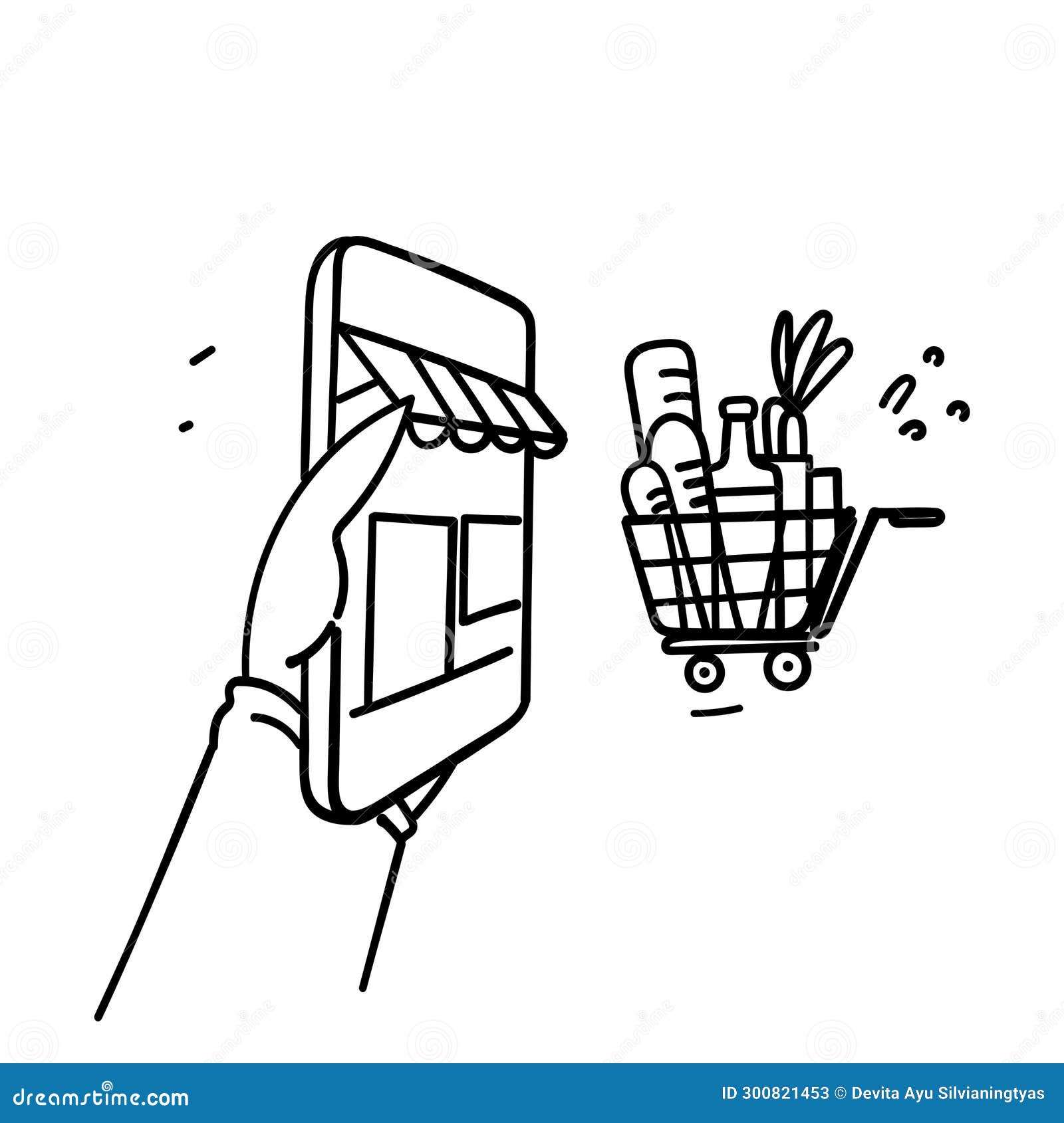 Hand Drawn Doodle Buying Groceries from Mobile Icon Stock Vector ...