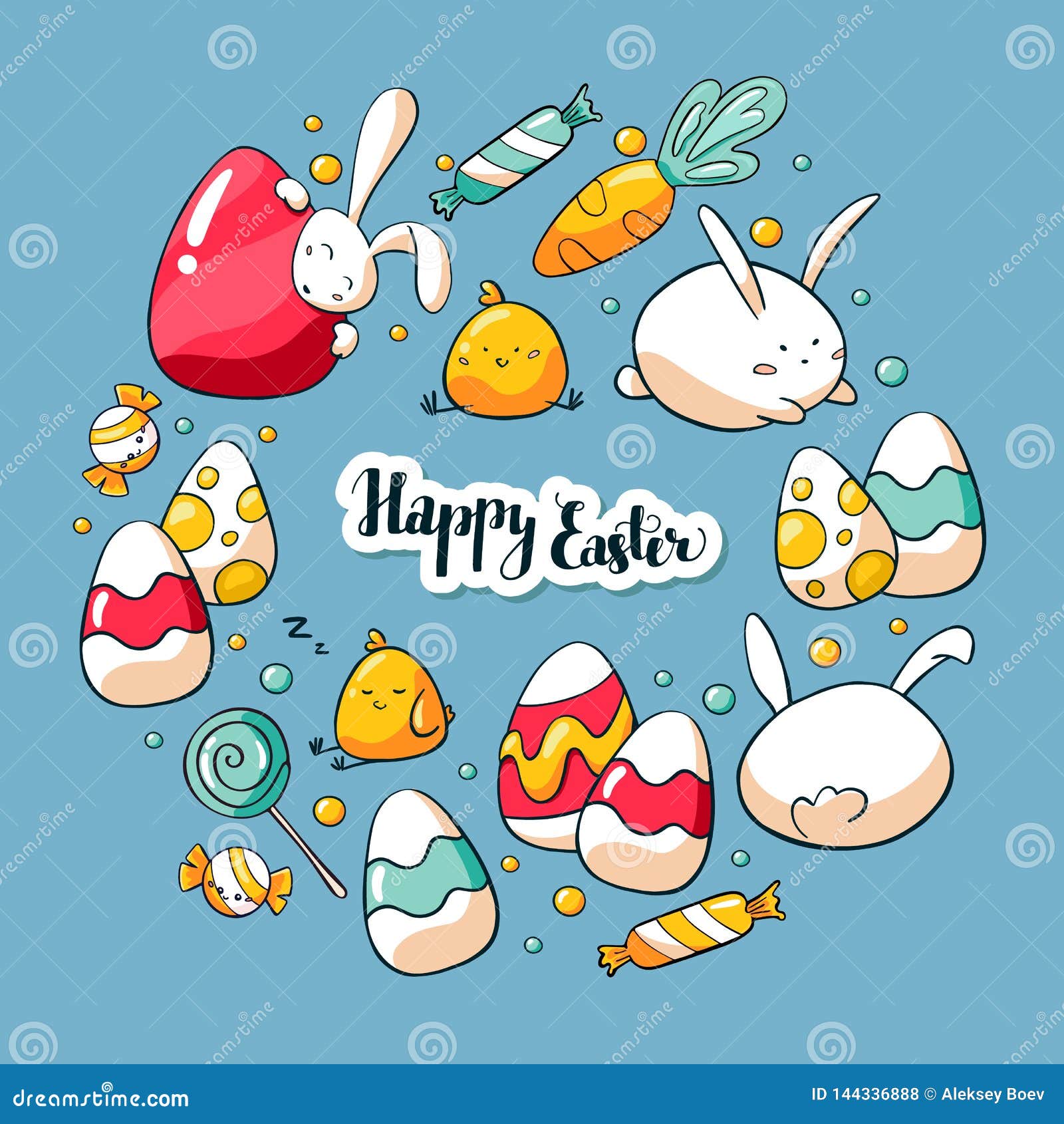 Hand Drawn Doodle Card Template With Cute Easter Elements. Vector Illustration. Happy Easter ...