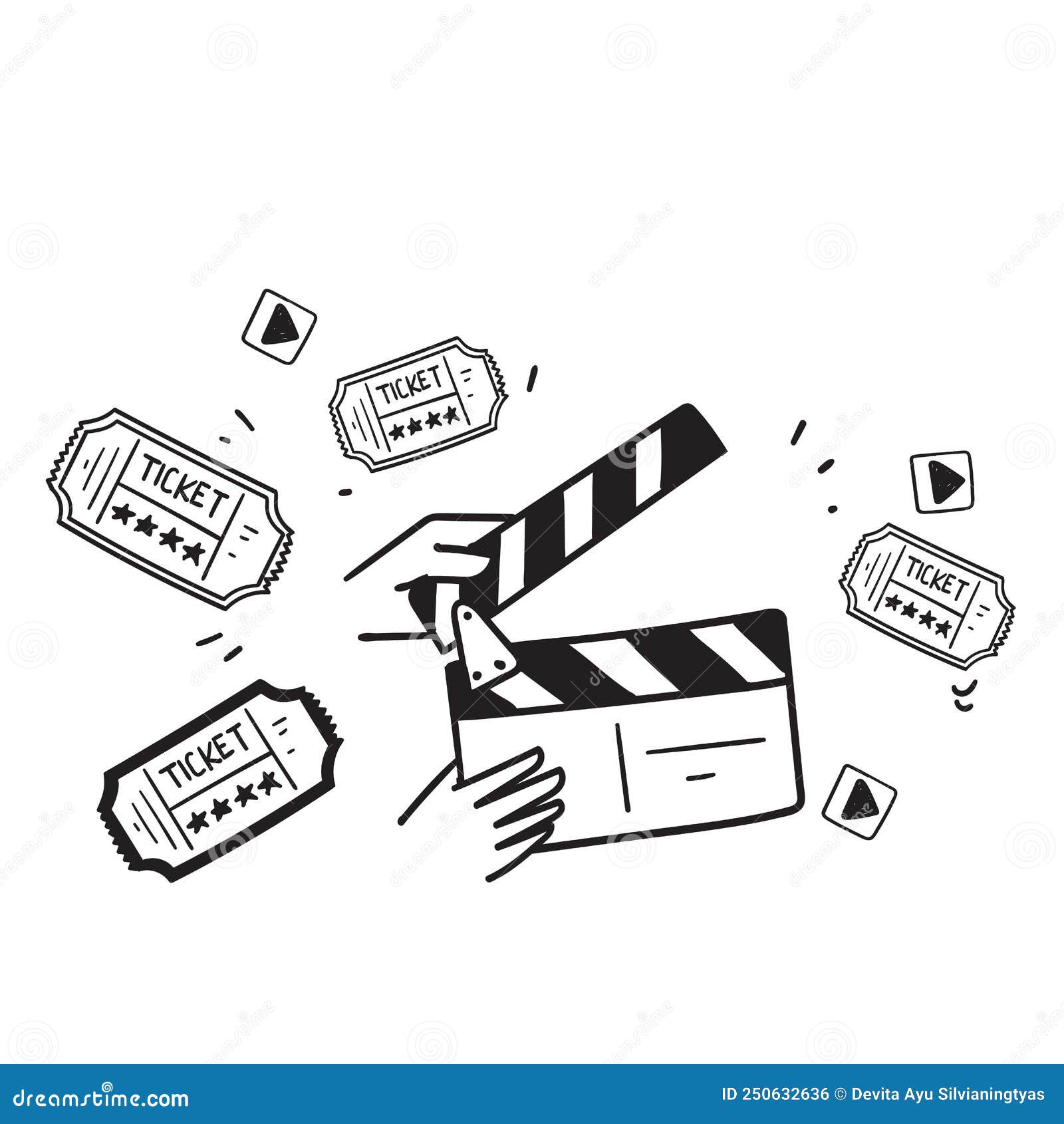 Hand Drawn Doodle Clapper Board and Ticket Illustration Vector Stock ...
