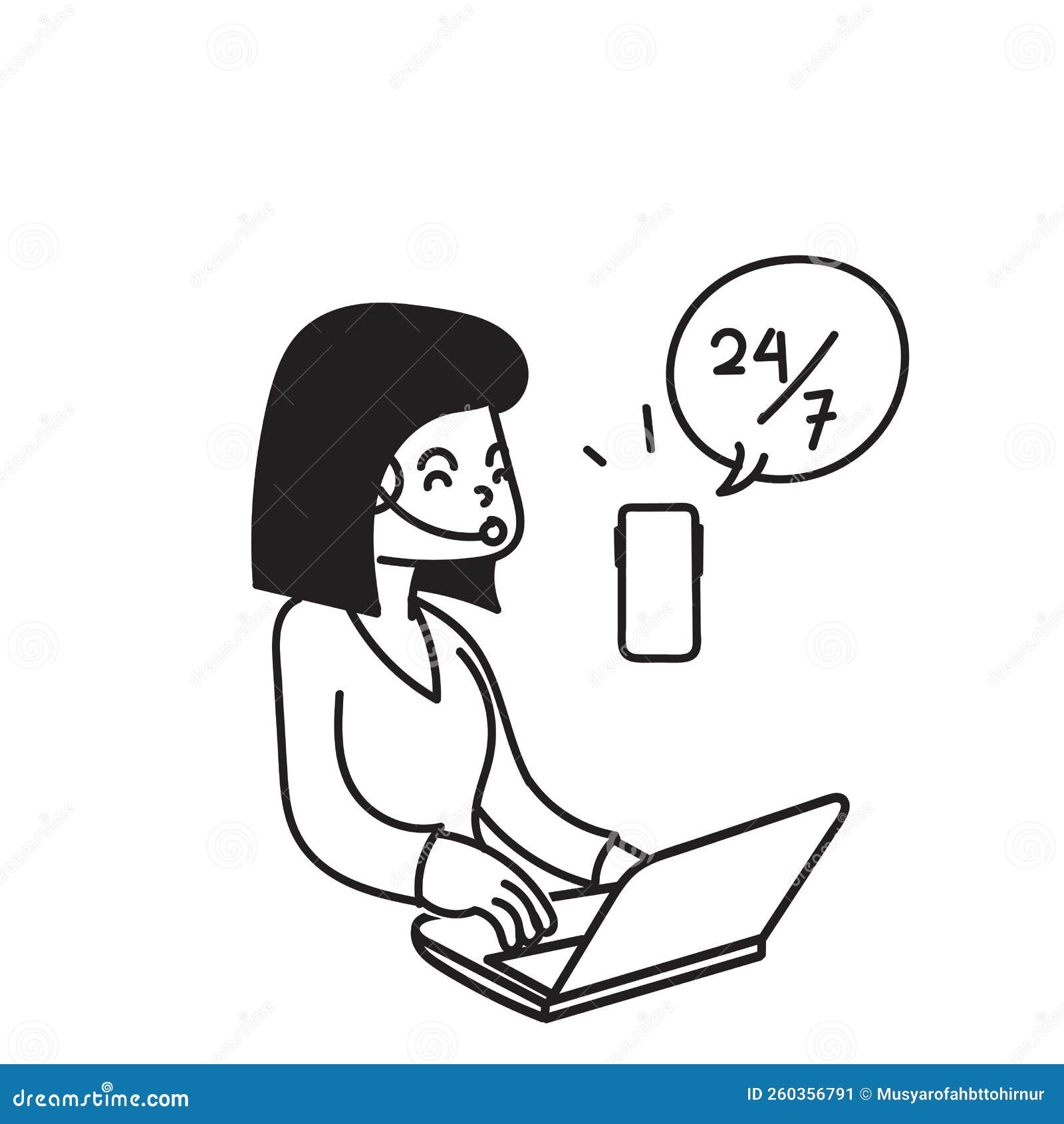 Hand Drawn Doodle Customer Service Agent with Laptop and Phone ...