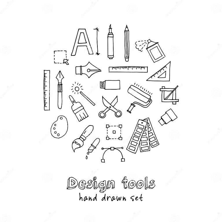 Hand Drawn Doodle Design Tools Set. Stock Vector - Illustration of ...