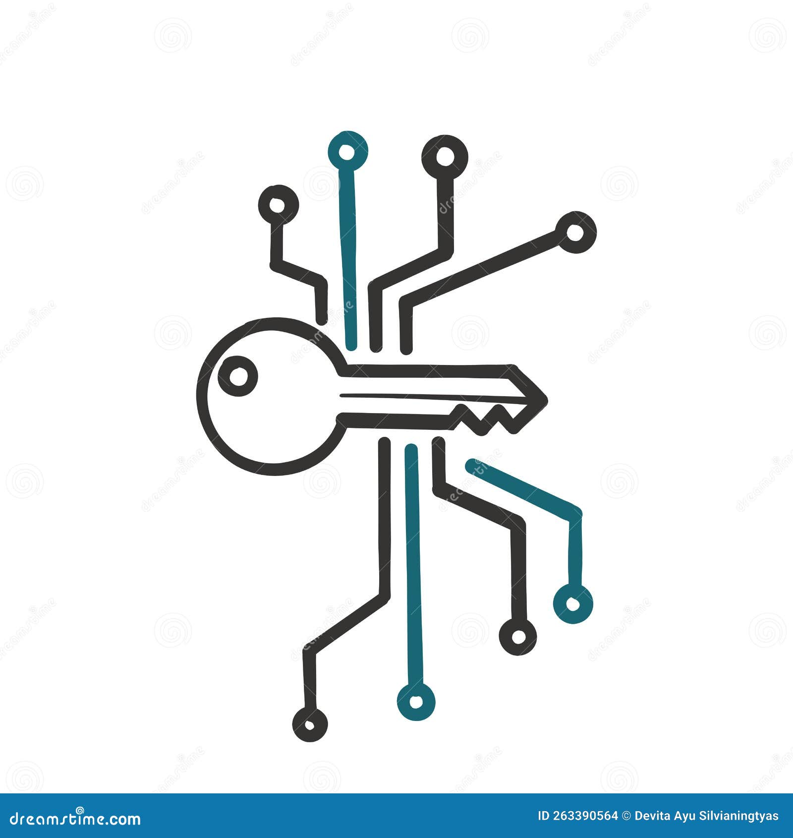 Hand Drawn Doodle Digital Key with Circuit Illustration Vector Stock ...
