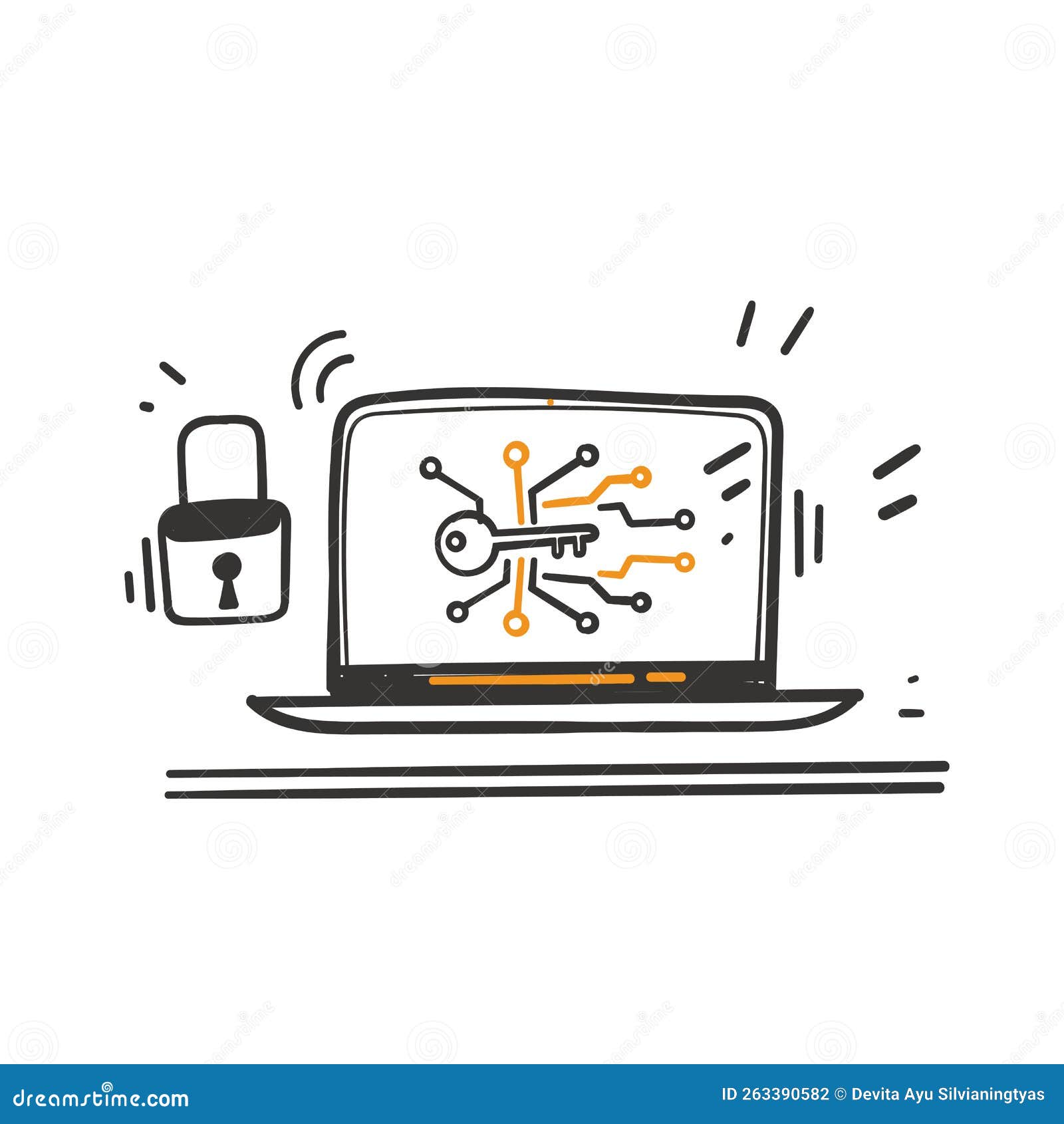 Hand Drawn Doodle Digital Key with Circuit Illustration Vector Stock ...