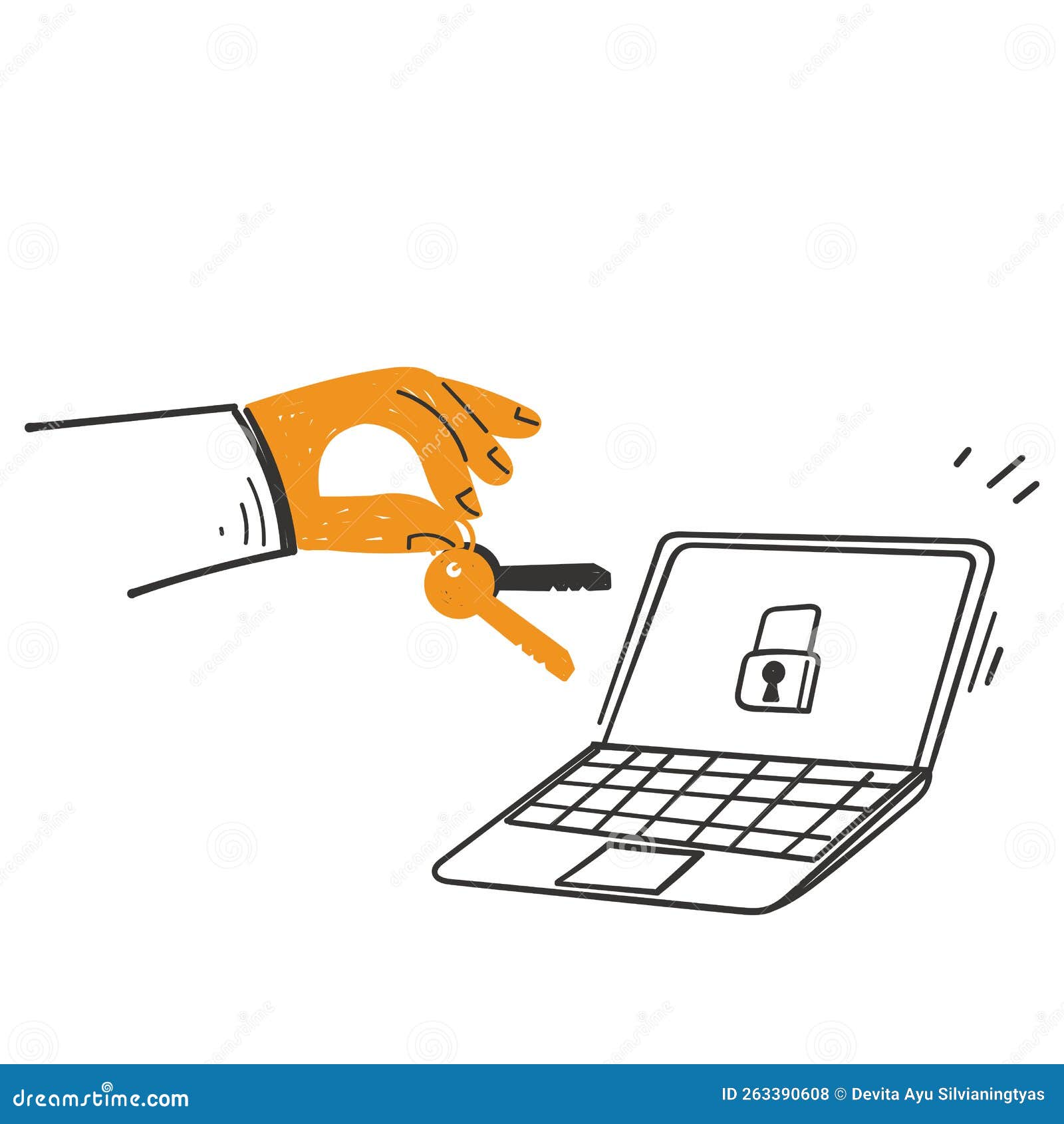 Hand Drawn Doodle Digital Key with Circuit Illustration Vector Stock ...