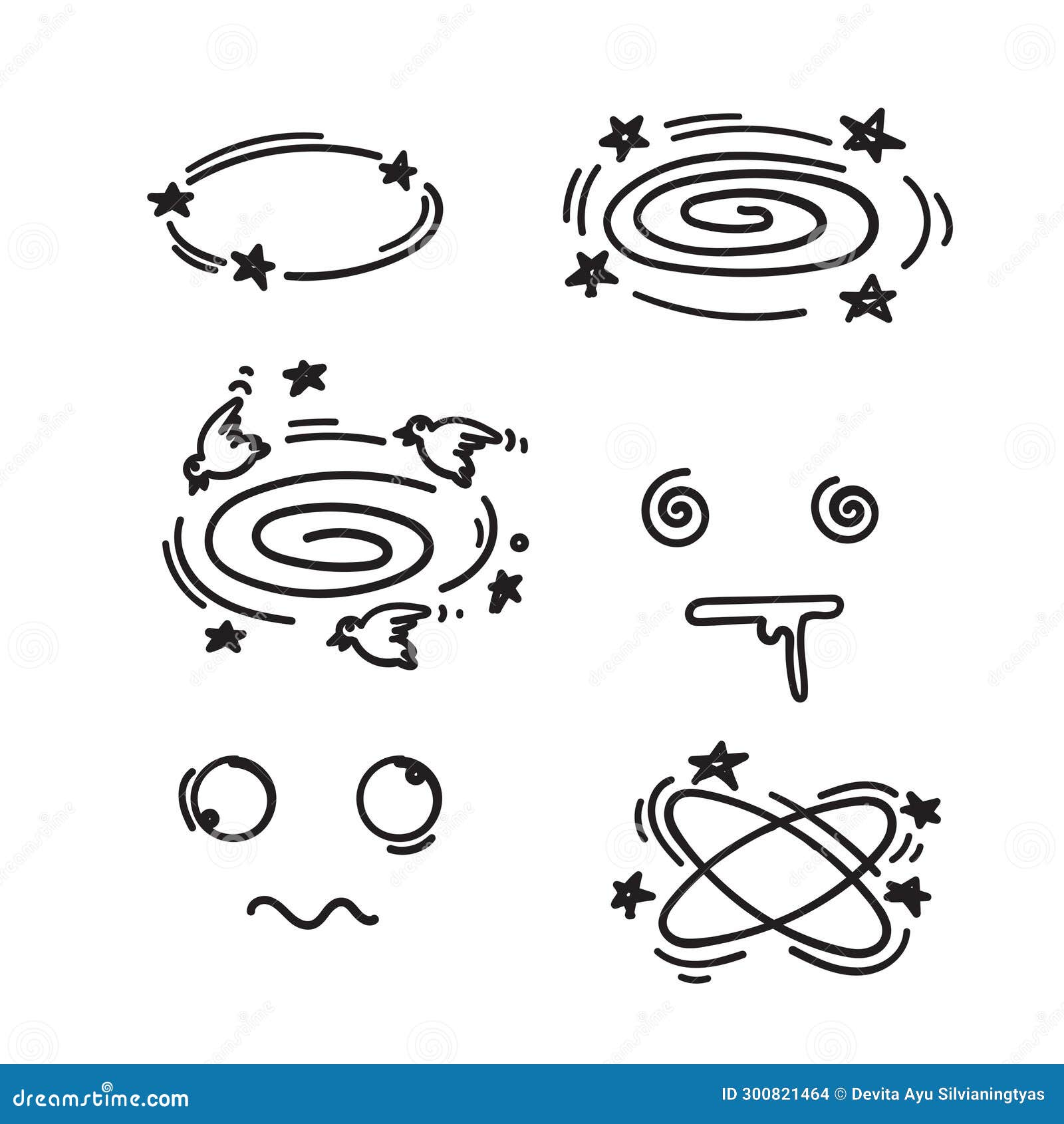 Dizzy Effect Drawing Hand Drawn Doodle Cartoon Set. Dizzy Faces, Birds ...