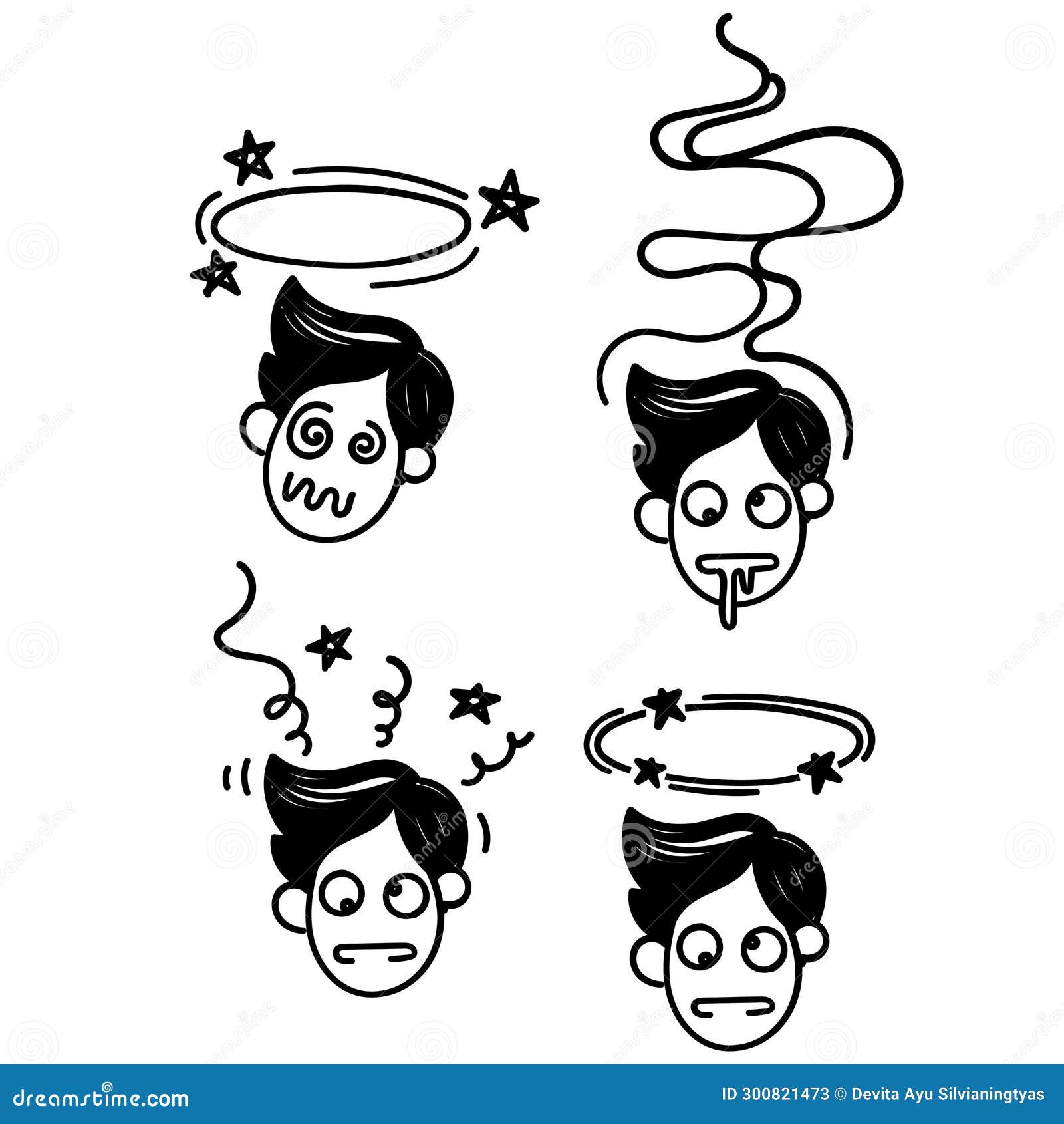 Dizzy Effect Drawing Hand Drawn Doodle Cartoon Set. Dizzy Faces, Birds ...