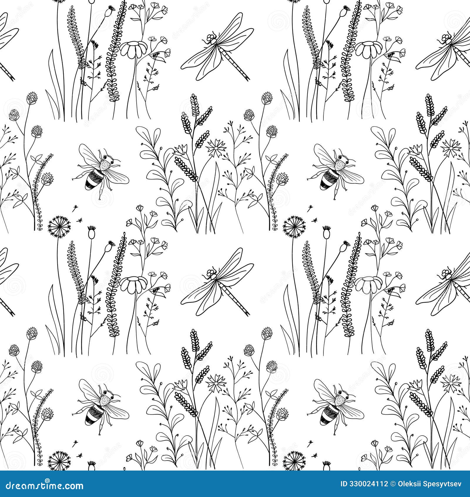 Hand Drawn Doodle Drawing of Field Herb, Flowers and Insects. Seamless ...