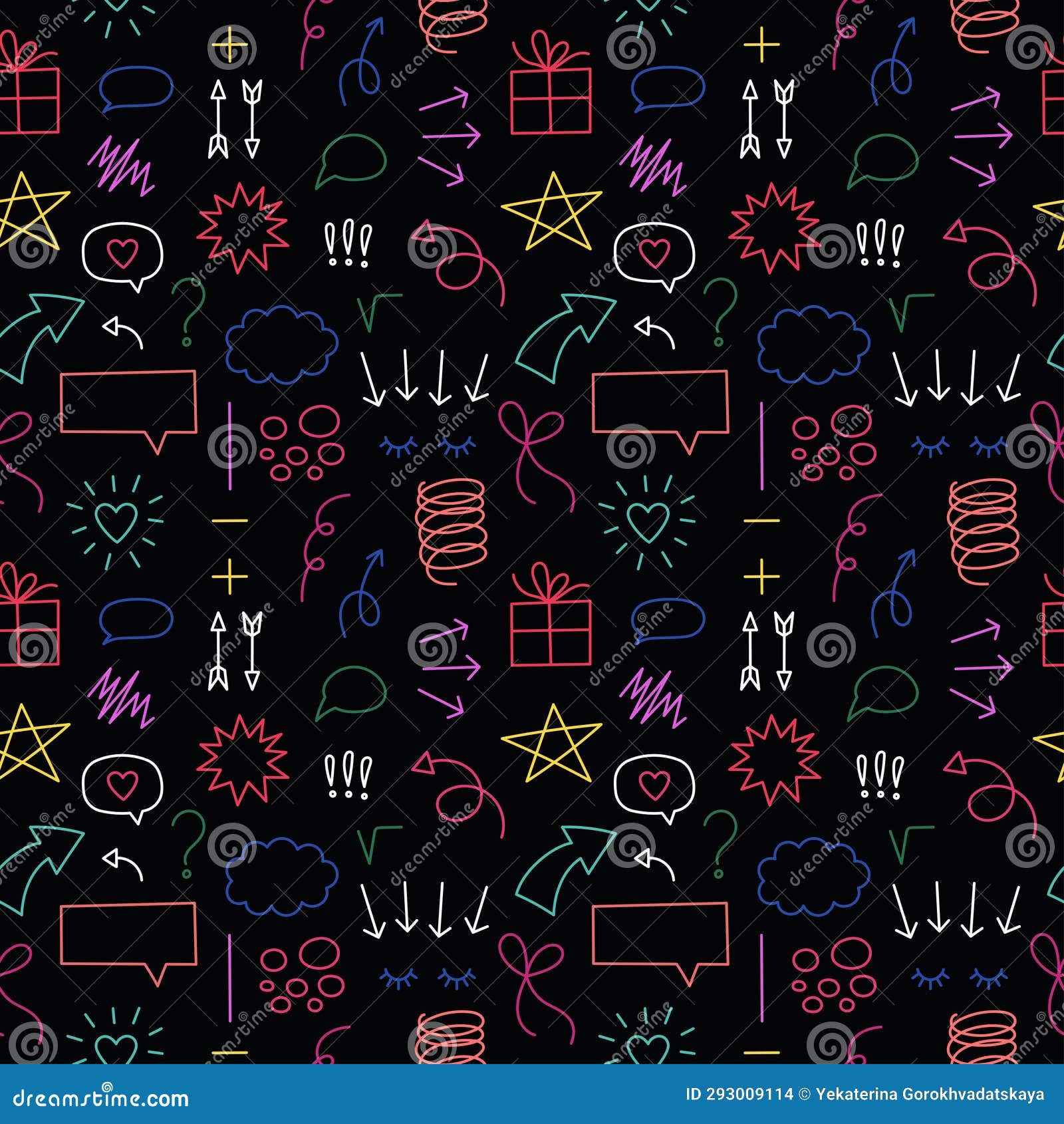 Hand Drawn Doodle Elements Seamless Pattern. Dark Theme. Cartoon ...