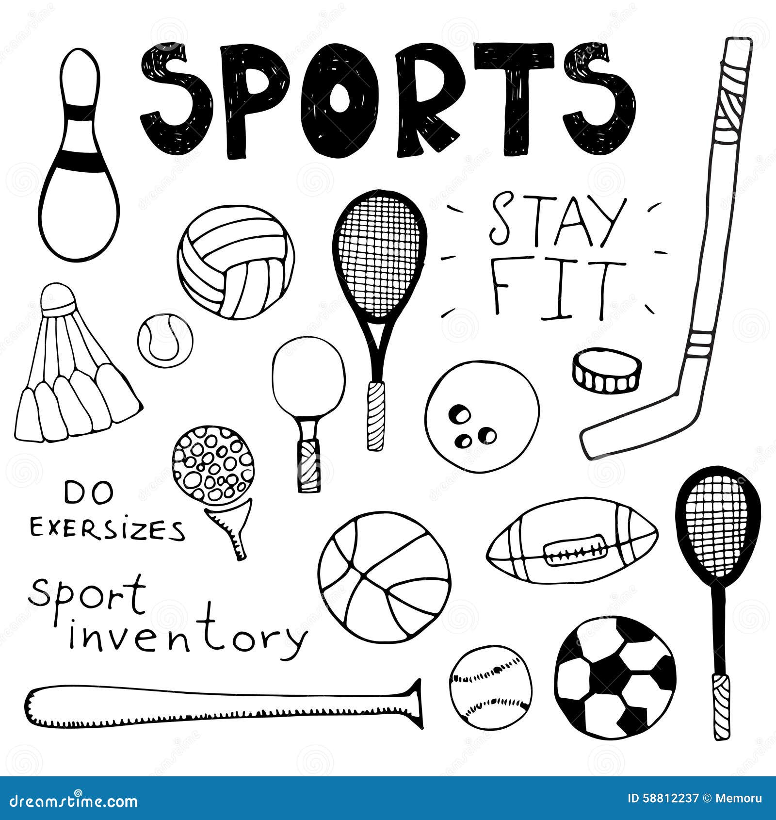 Hand Drawn Doodle Elements. Sport Inventory Stock Vector - Illustration ...