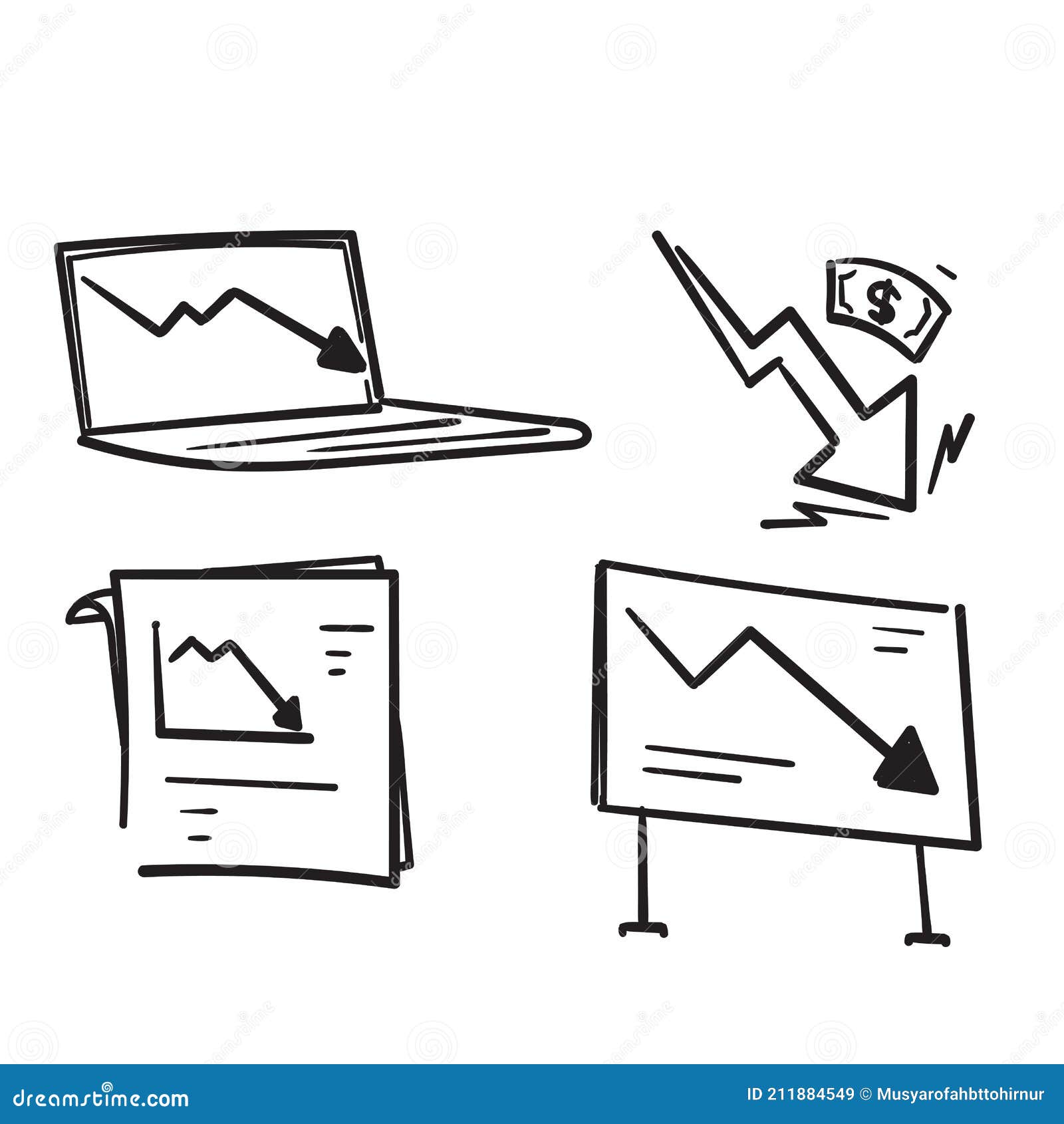 Hand Drawn Doodle Falling Down Graph Chart Illustration Vector Isolated ...
