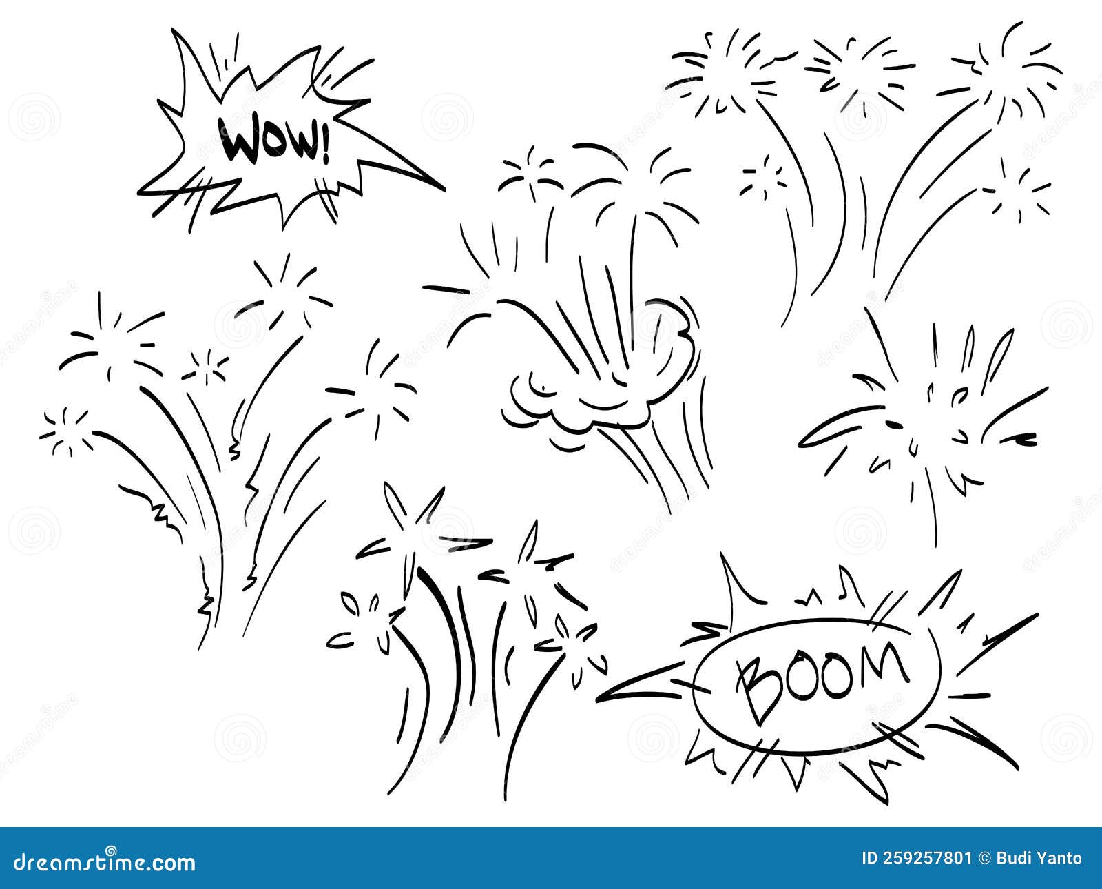 Hand Drawn of Doodle Firework, Sunburst, Explosion on Set. Doodle ...
