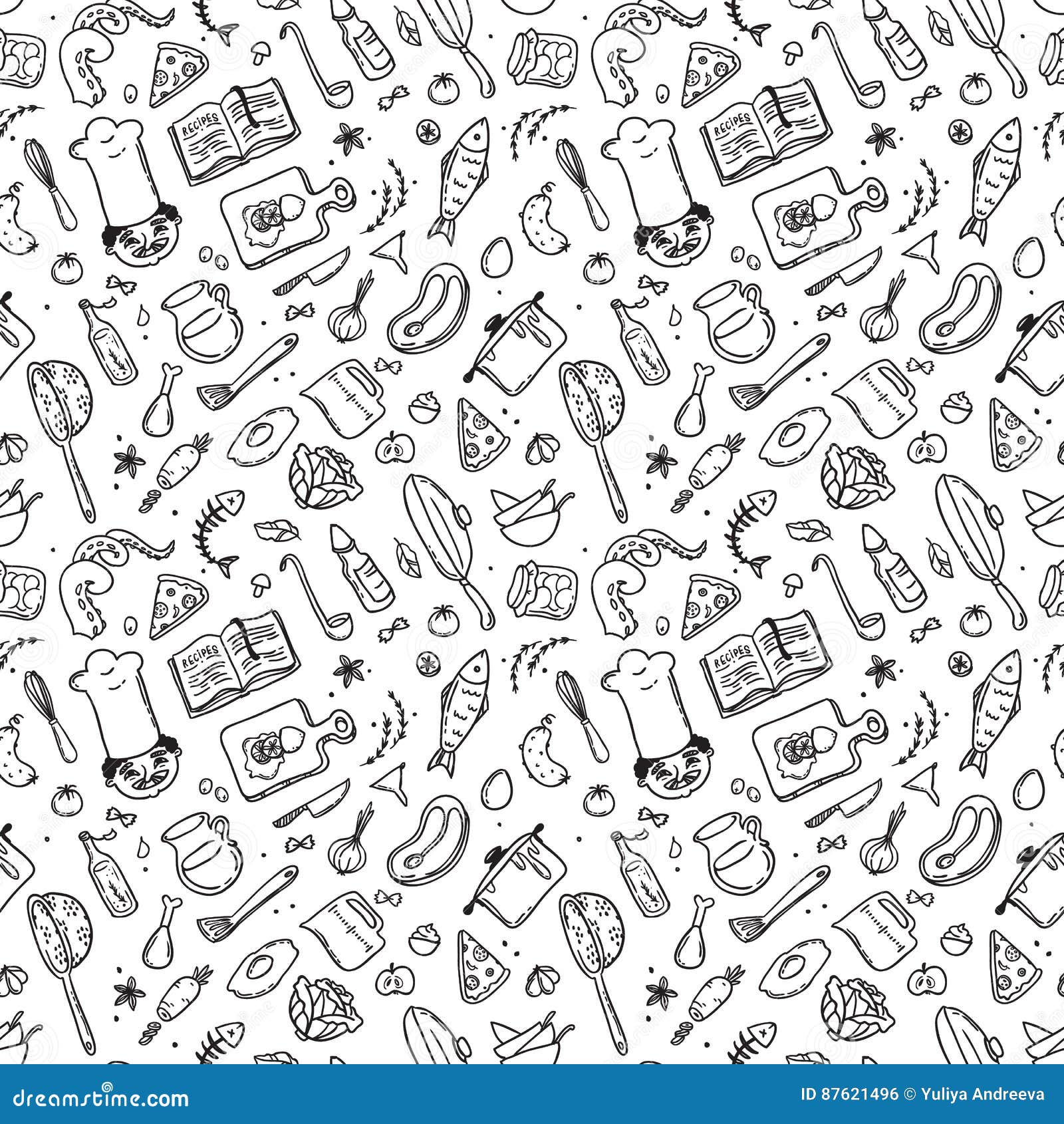 Hand Drawn Doodle Food Set with Chief Cook. Stock Illustration ...