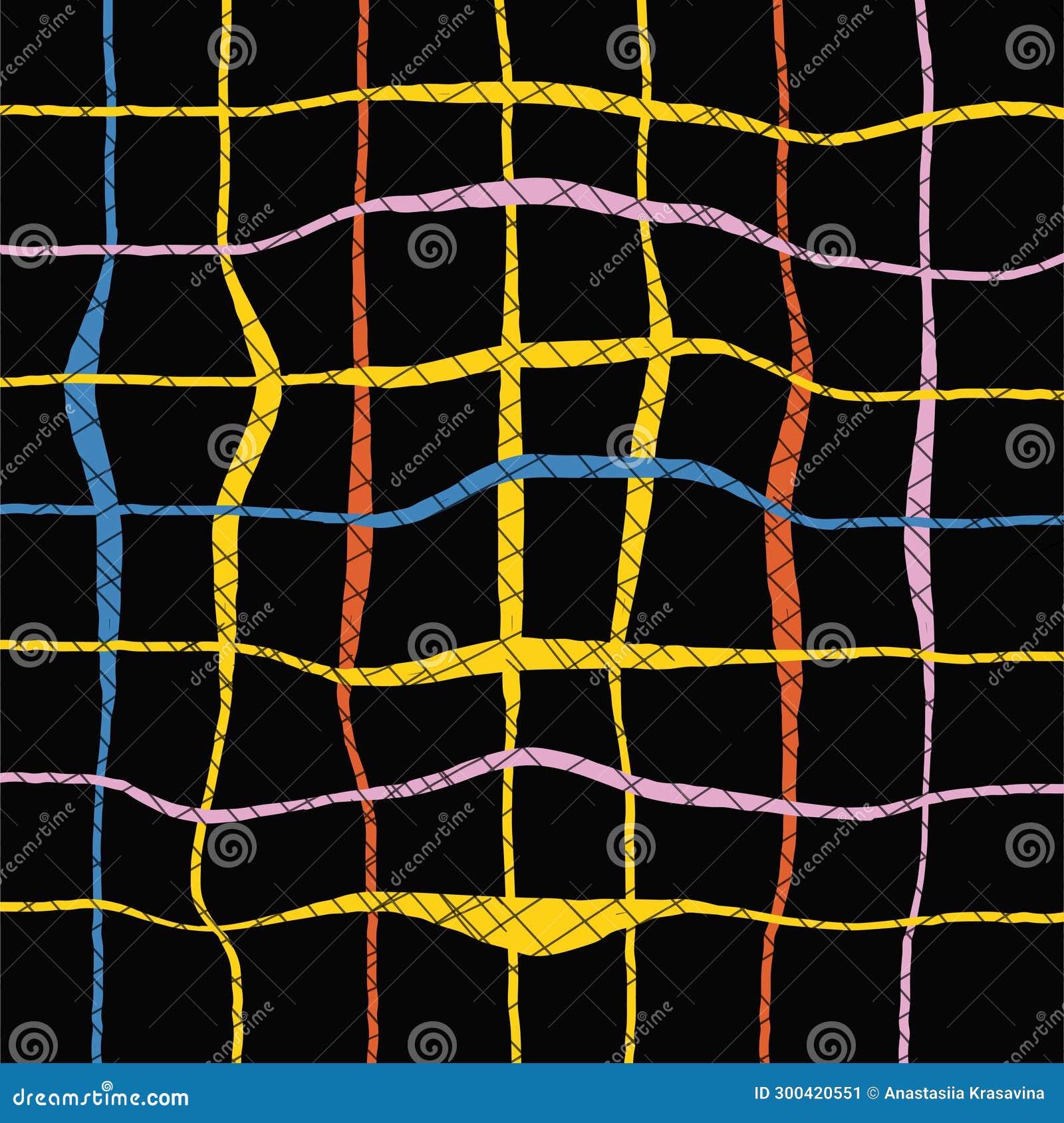 Hand Drawn Doodle Grid Pattern. Colored Print Vector. Distort Wavy Warp ...