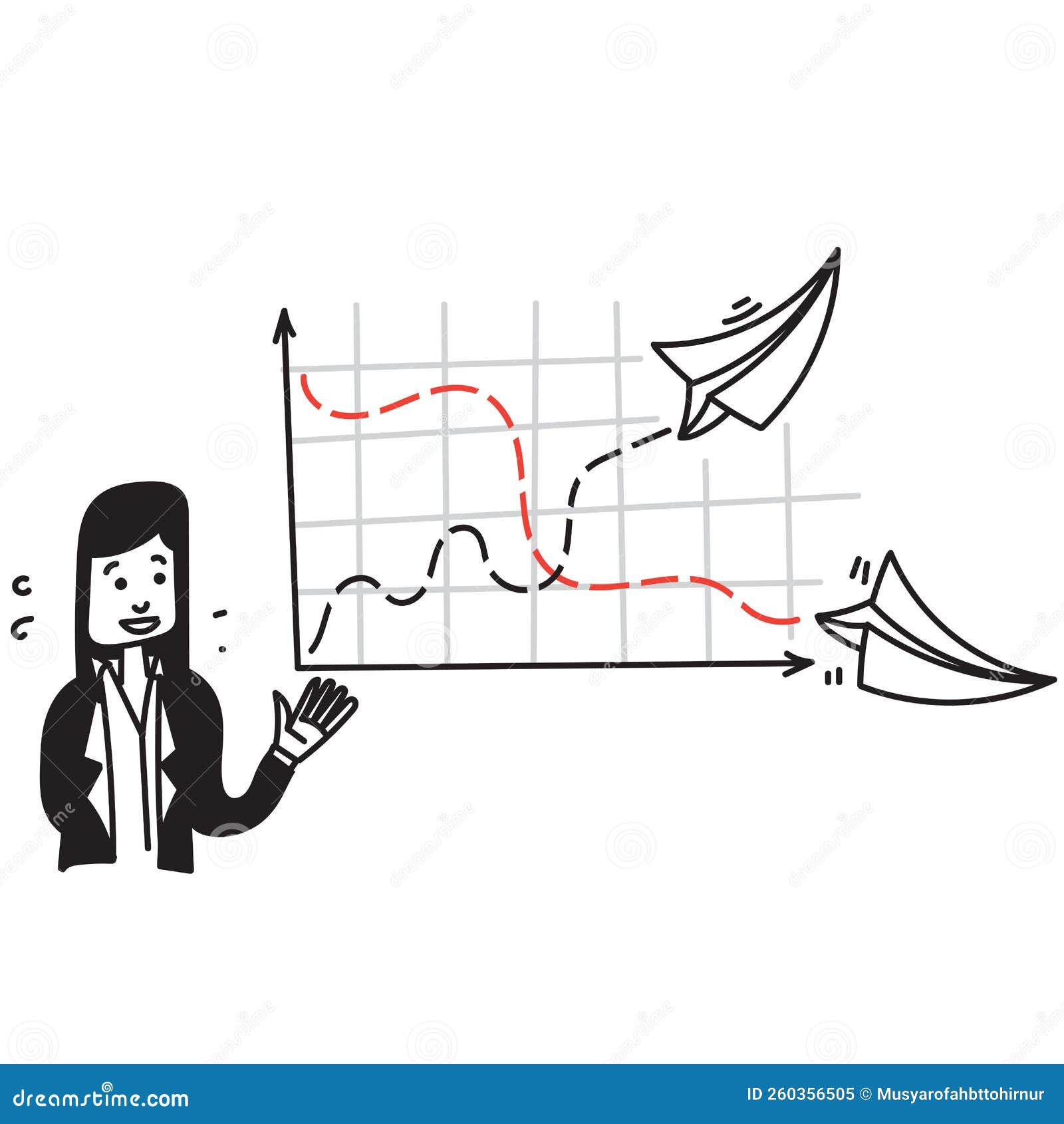 Hand Drawn Doodle Growth and Drop Graph Like Paper Plane Illustration ...