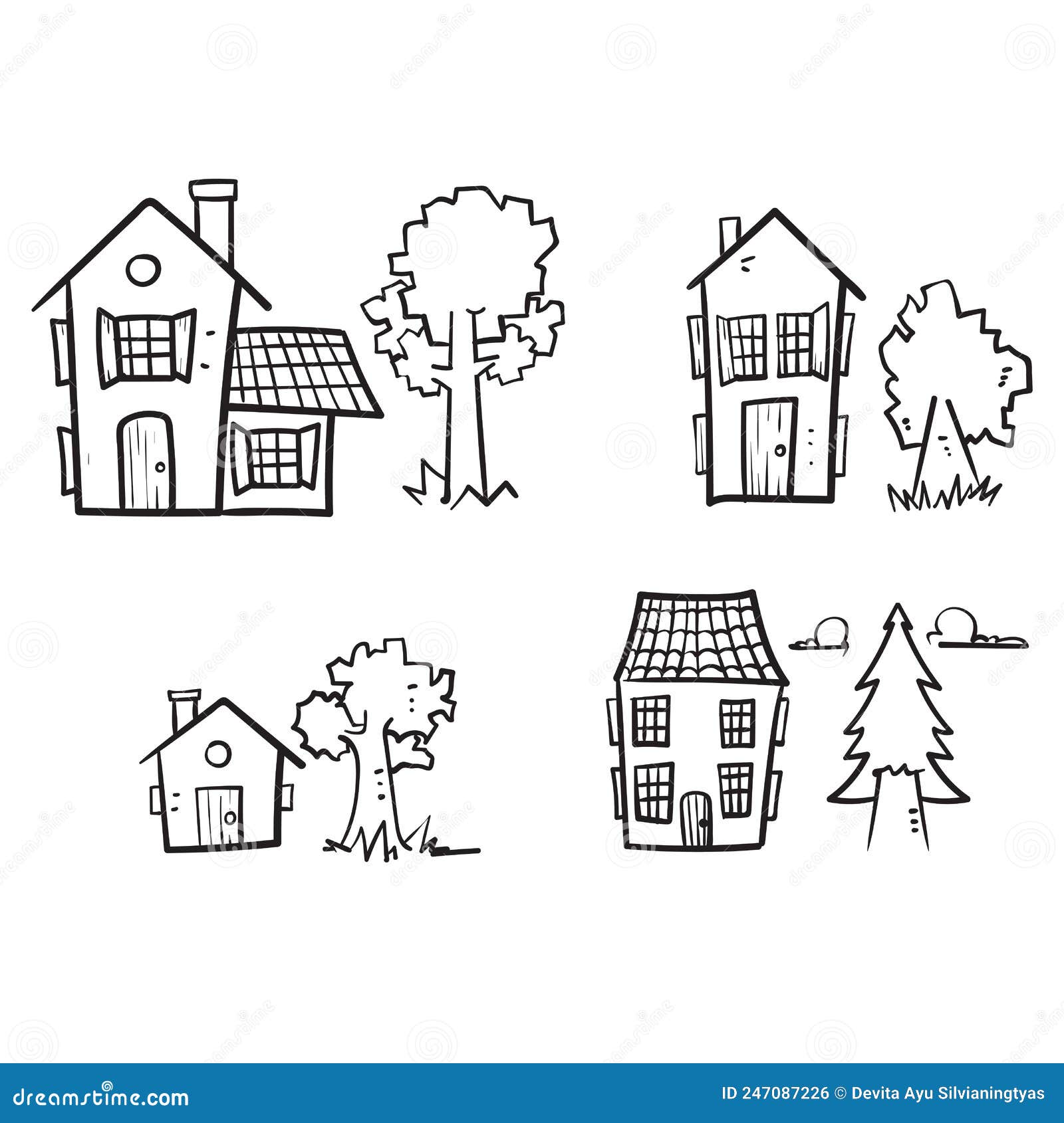 Hand Drawn Doodle House and Tree Collection Illustration Isolated Stock ...