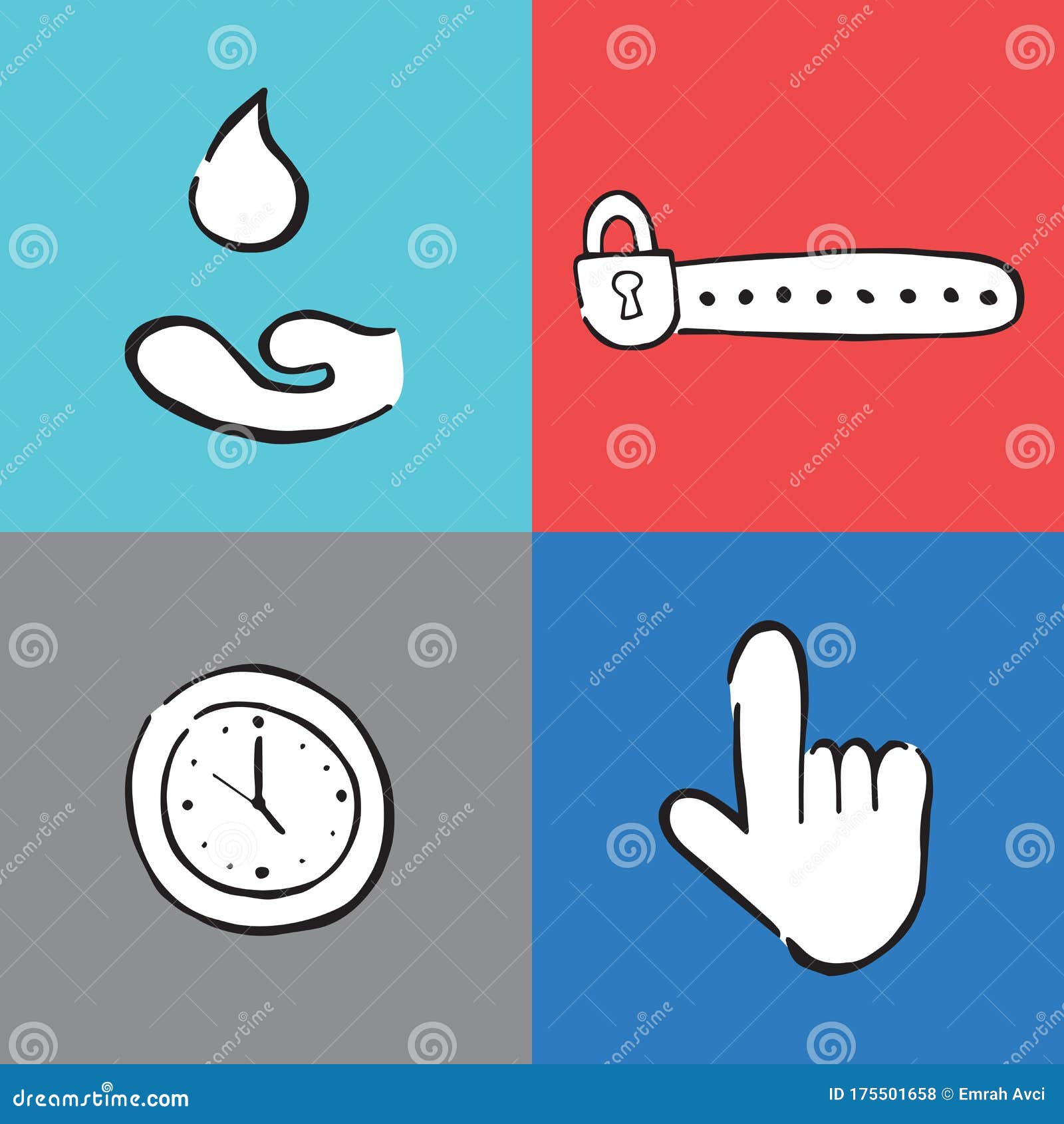 Hand Drawn Doodle Icon Objects. Water Drop And Hand, Locked Password ...