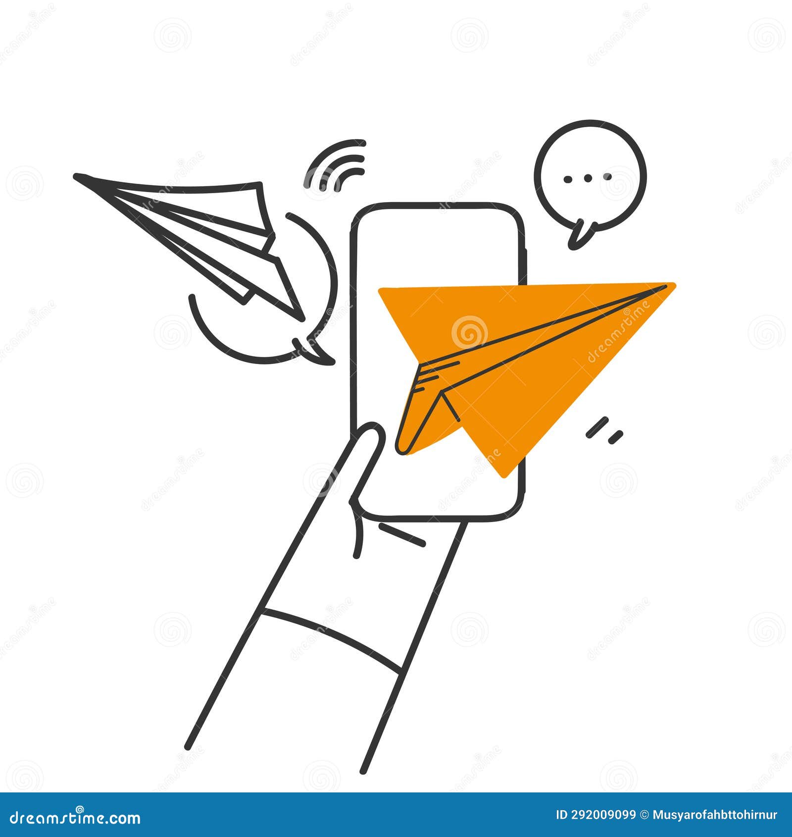 Hand Drawn Doodle Mobile Phone Send Flying Paper Plane Illustration ...