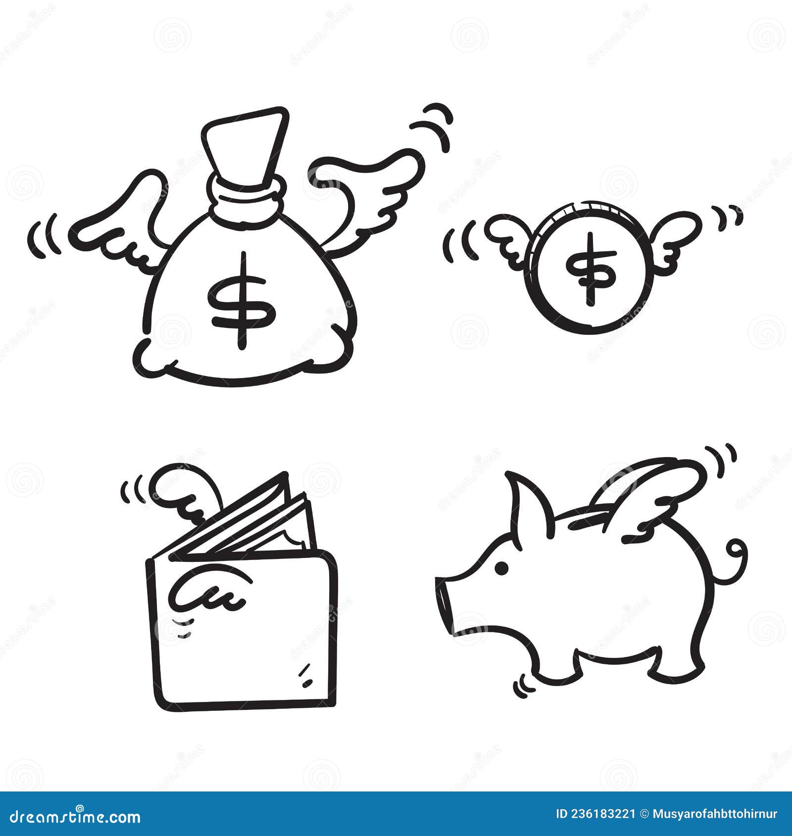 Hand Drawn Doodle Money Related with Wing Flying Illustration Vector ...