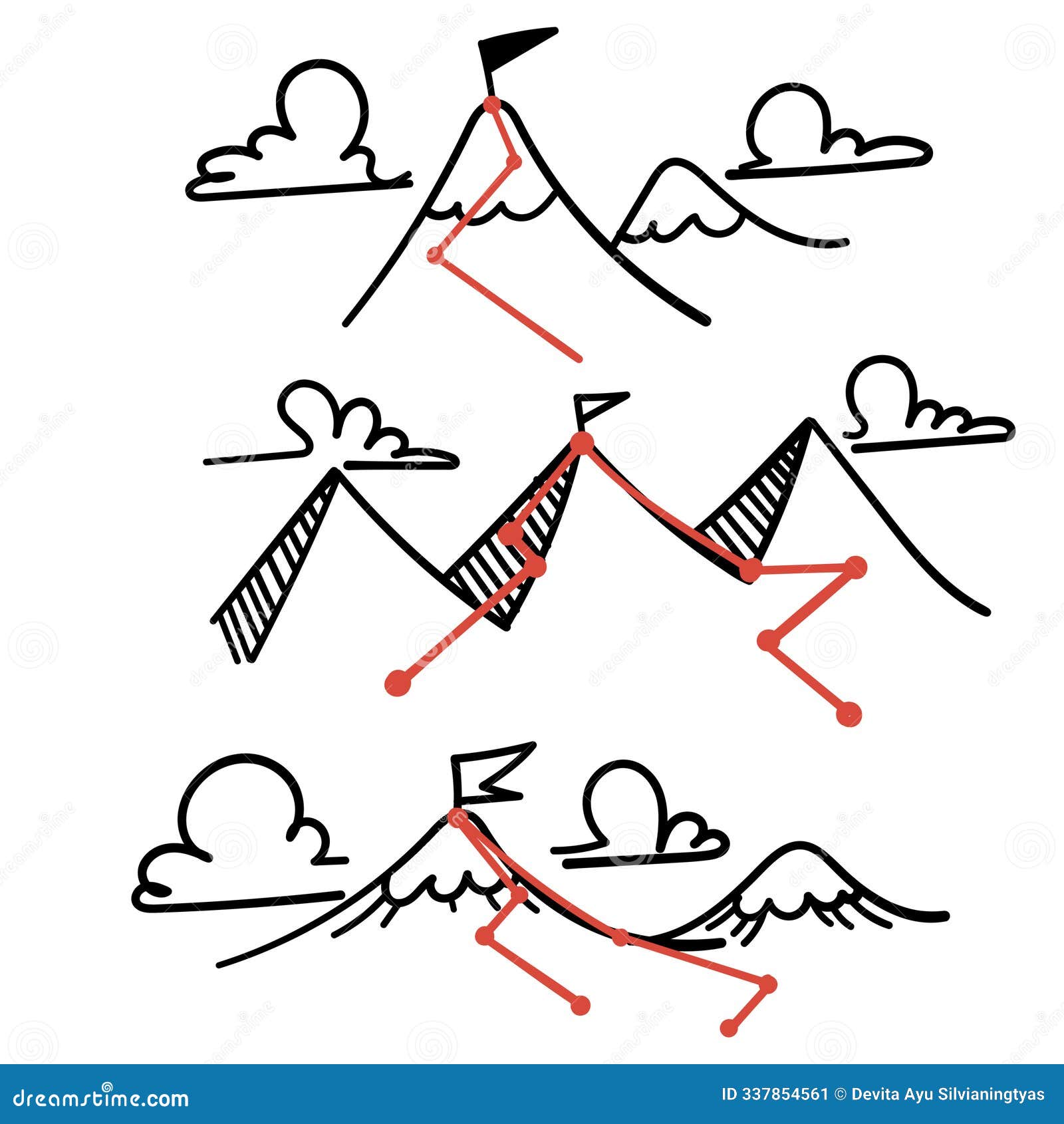 Hand Drawn Doodle Mountain Peak with Flag and Trail Tracking ...