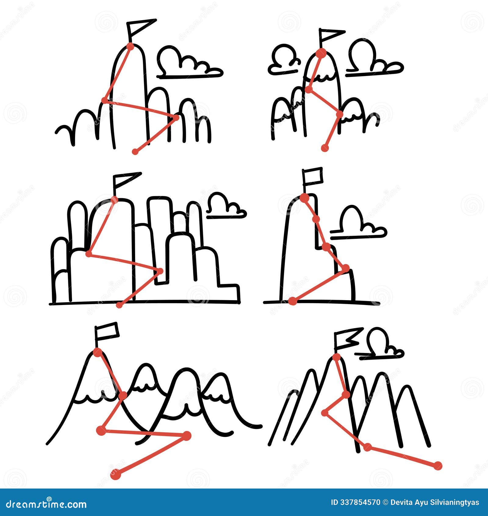 Hand Drawn Doodle Mountain Peak with Flag and Trail Tracking ...