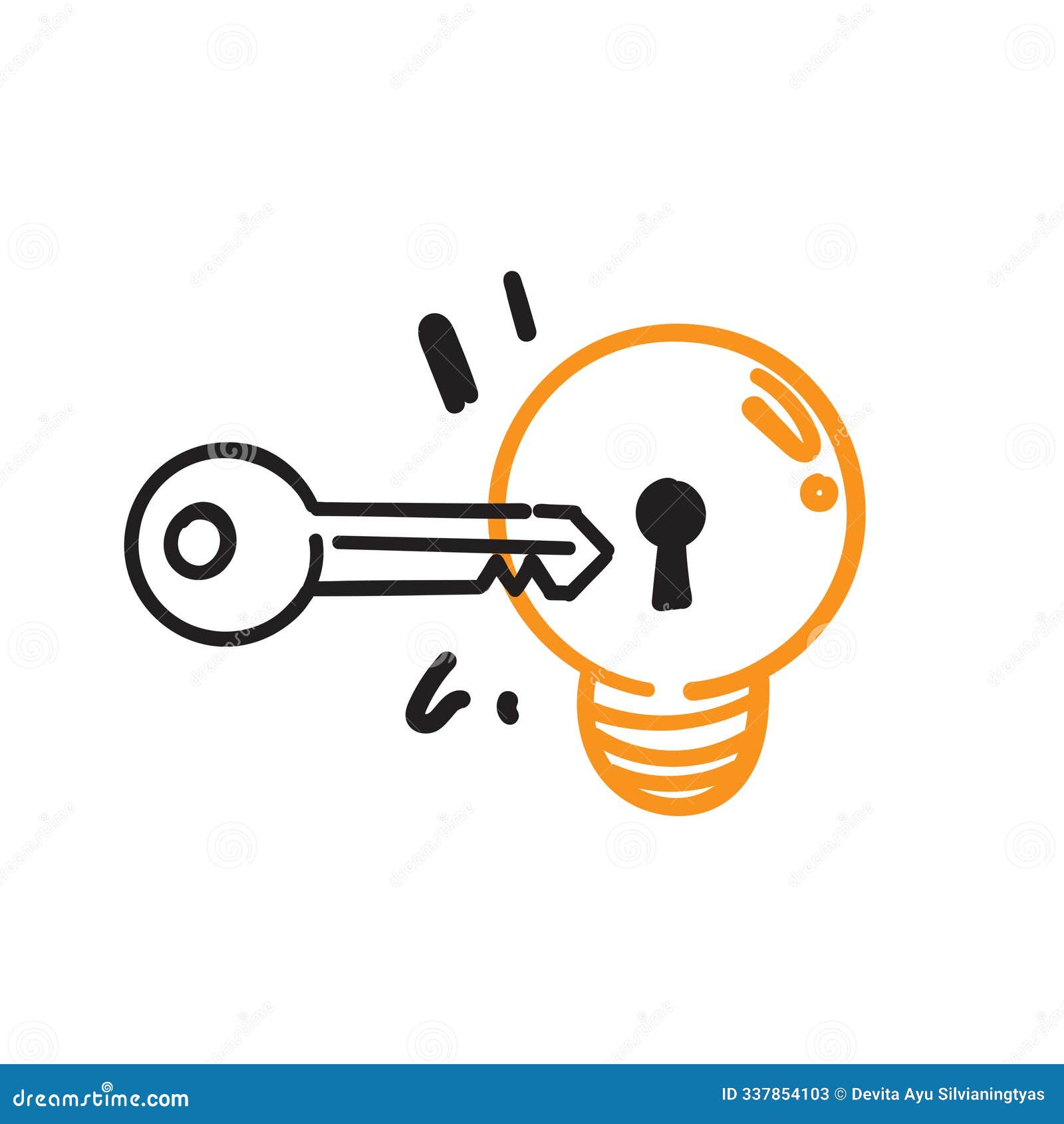 Hand Drawn Doodle Open Light Bulb with Key Symbol for Key Idea ...