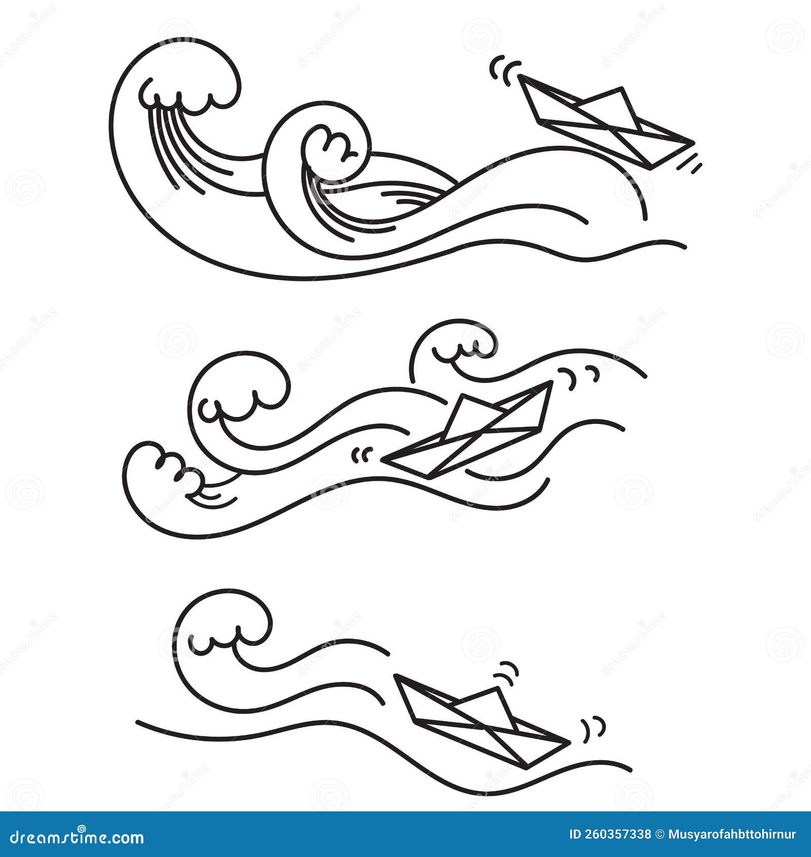 Hand Drawn Doodle Paper Boat in Big Waves Illustration Vector Stock ...