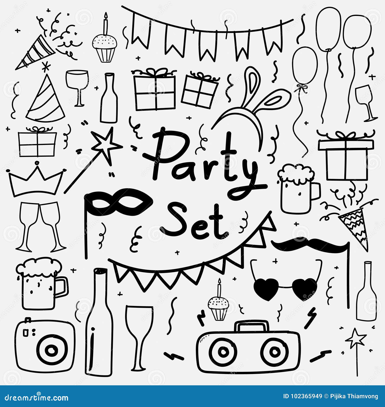 Hand Drawn Doodle Party Set. Stock Vector - Illustration of doodle ...