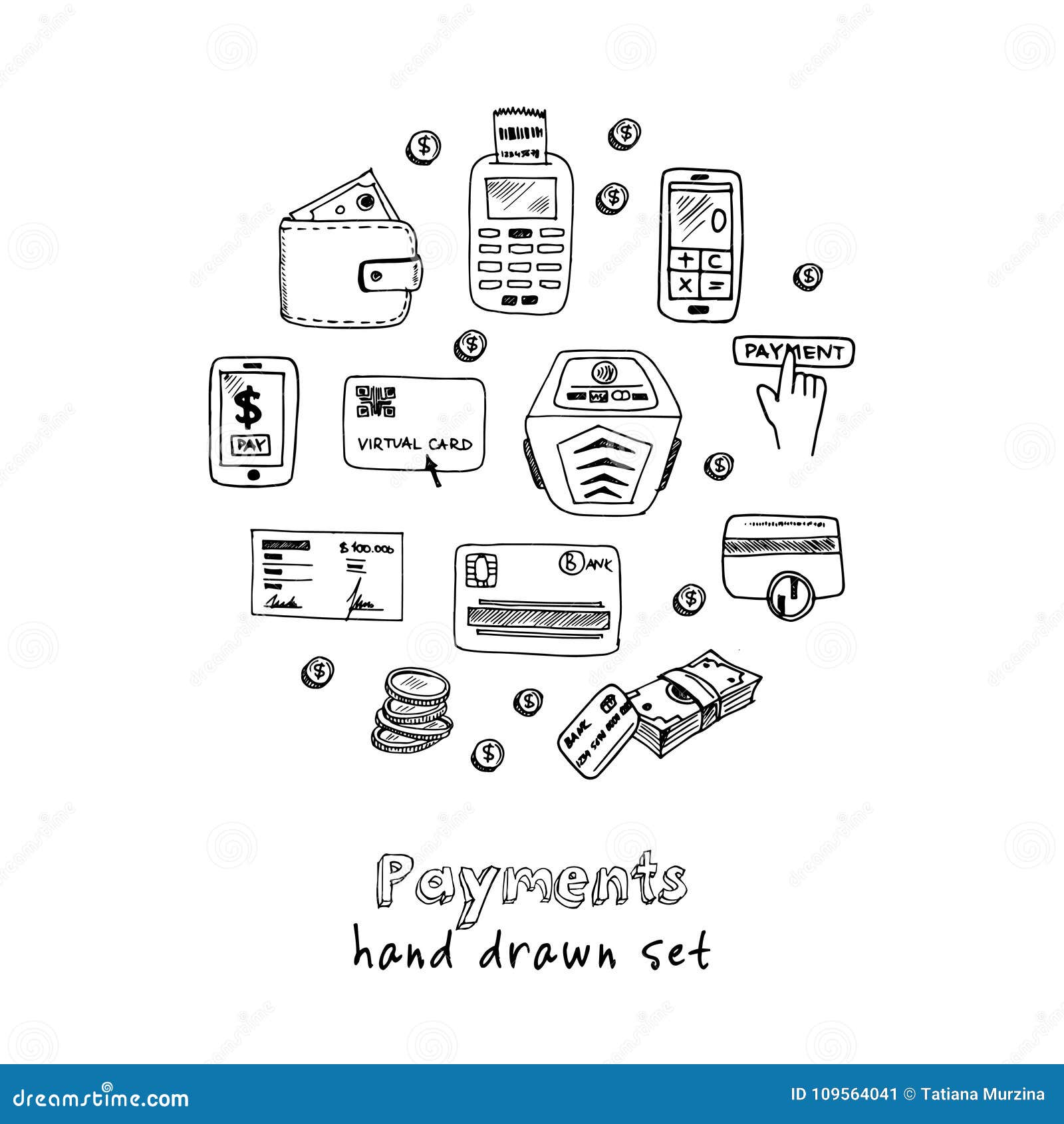Hand Drawn Doodle Payments Set. Stock Vector - Illustration of outline ...
