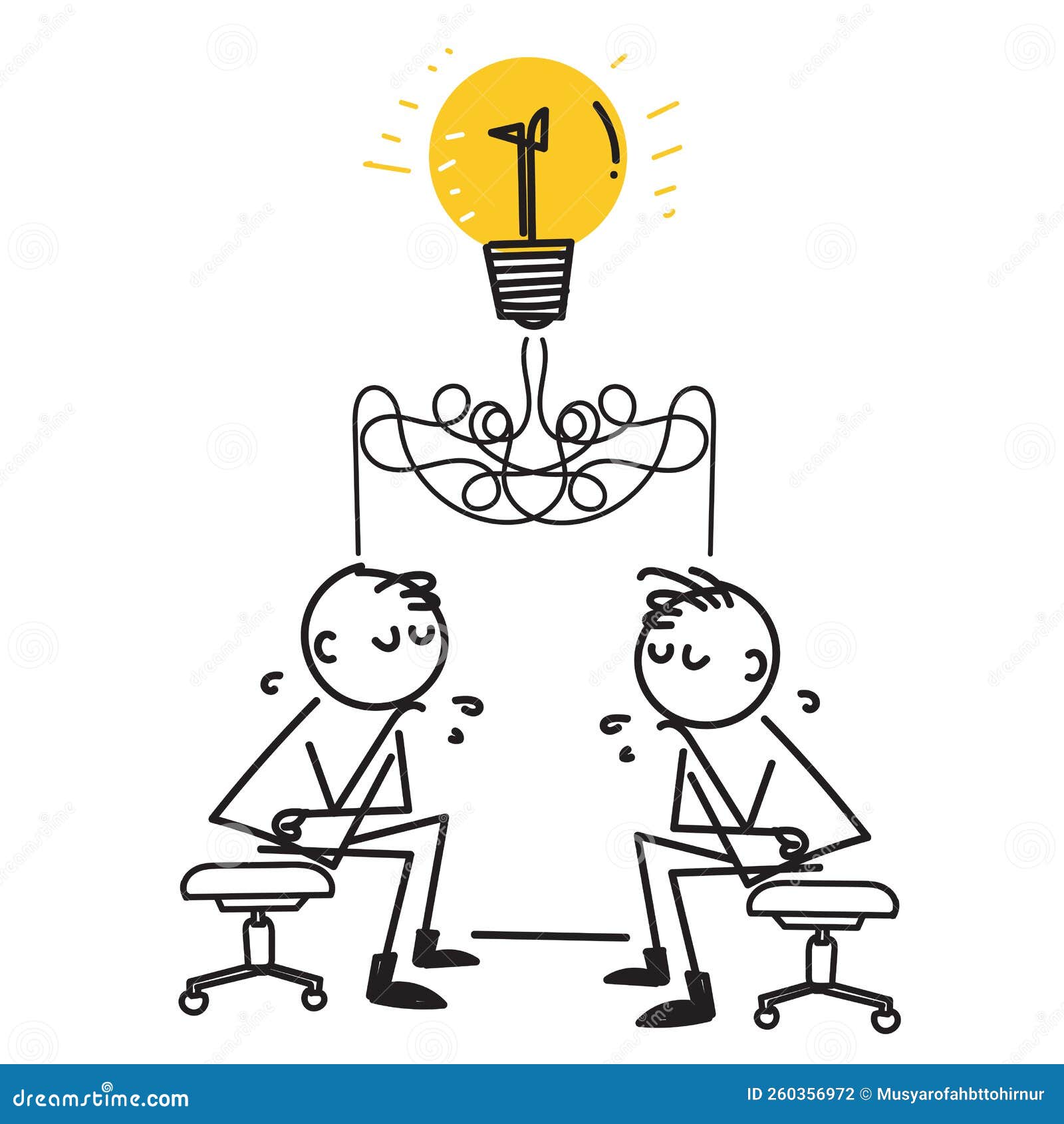 Hand Drawn Doodle People with Tangled Bulb Symbol for Teamwork Solving ...