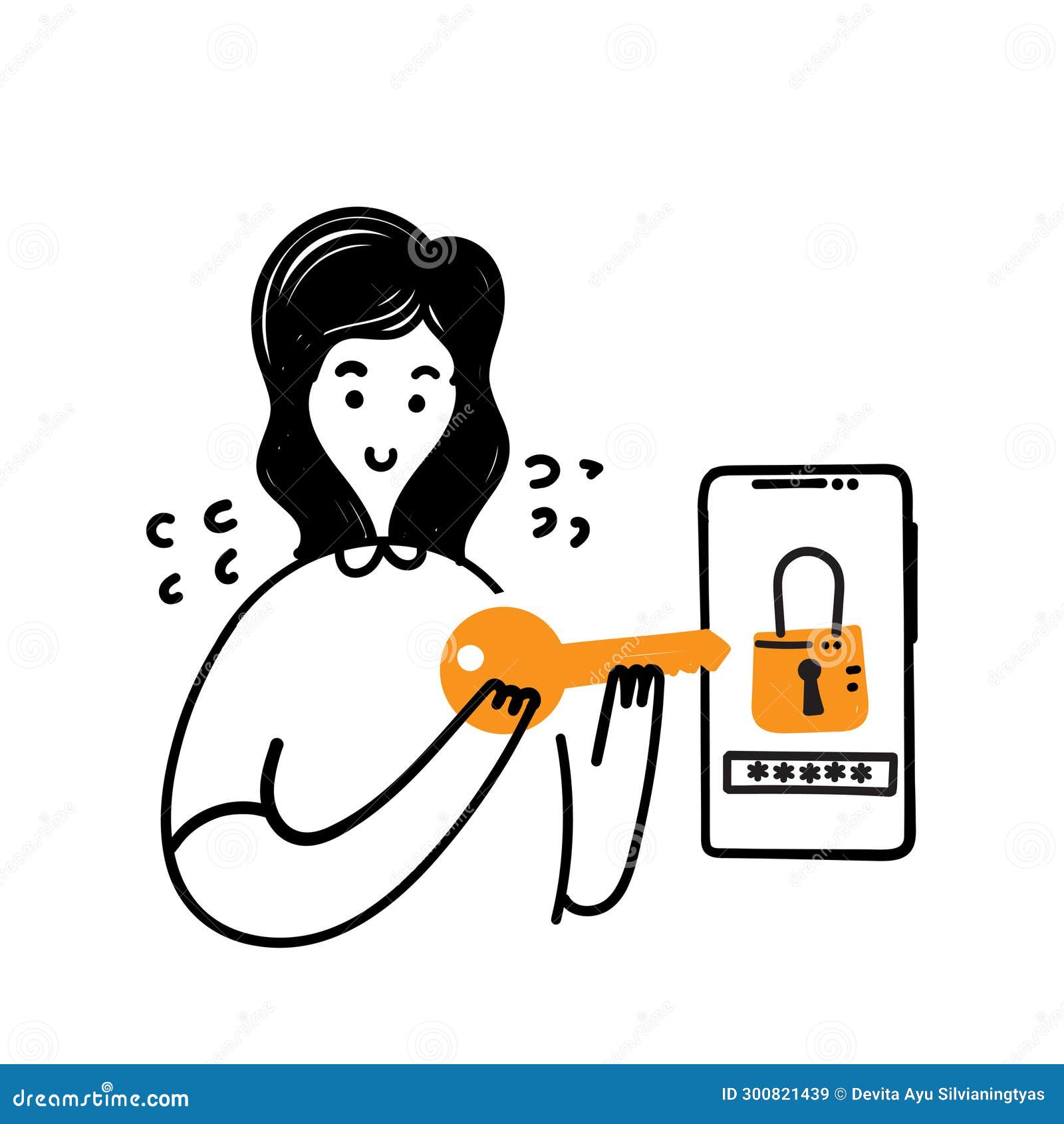 Hand Drawn Doodle Person Open the Locked Device Screen with the Key ...